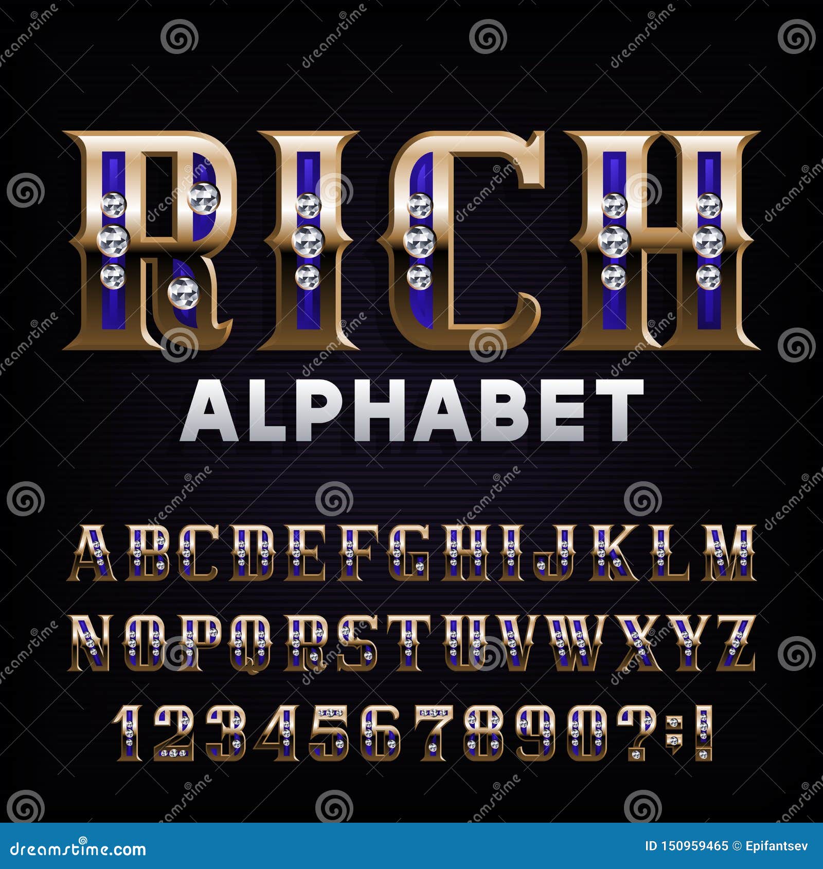 3D Rich Alphabet Font. Golden Metal Letters, Numbers And Symbols With ...