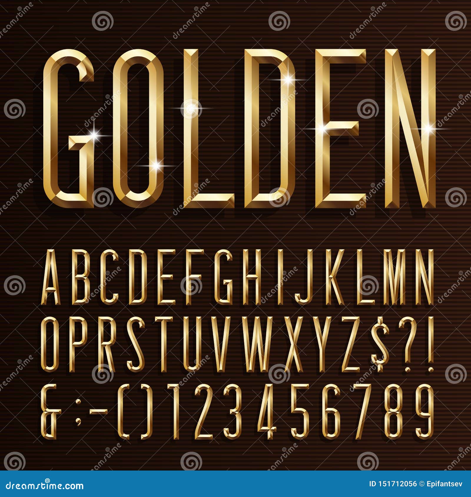Gold Alphabet Narrow Font. 3d Beveled Gold Effect Letters, Numbers and ...