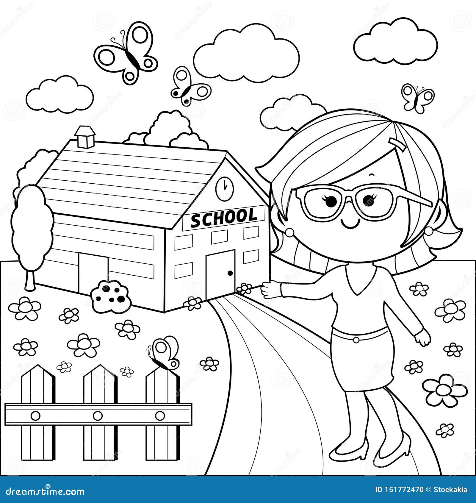 Teacher in Front of the School Welcoming Students. Vector Black and ...