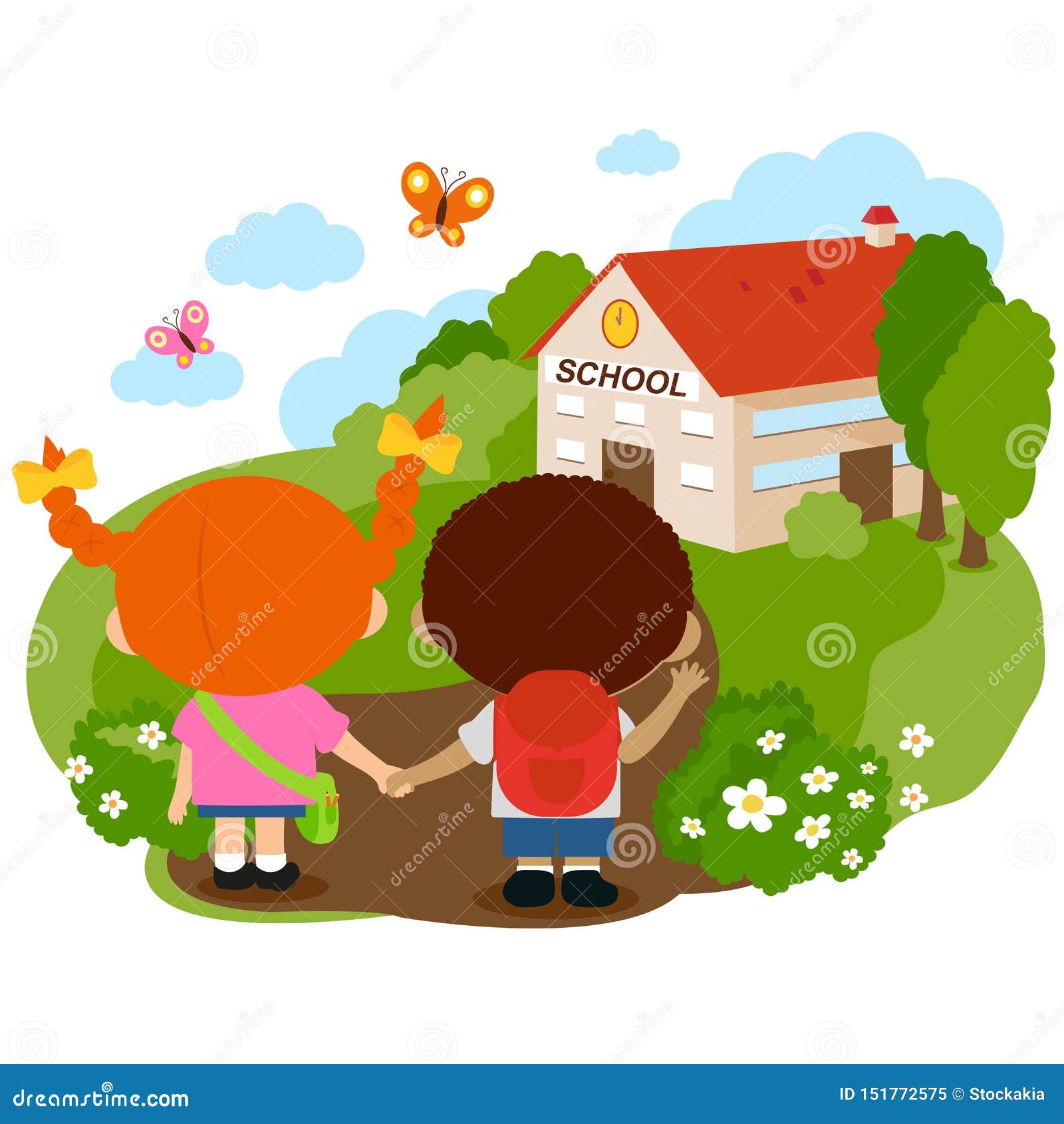 Children in Front of the School. Students Going To Class. Vector ...