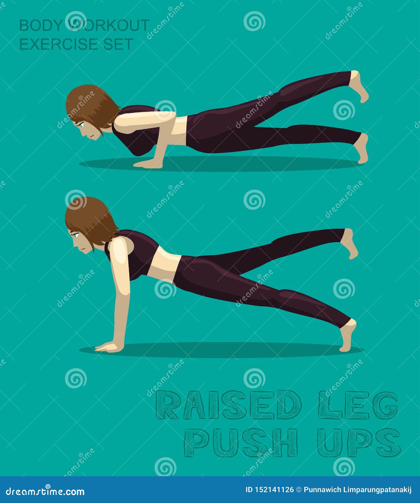 Raised Leg Push Ups Body Workout Exercise Set Manga Cartoon Vector ...