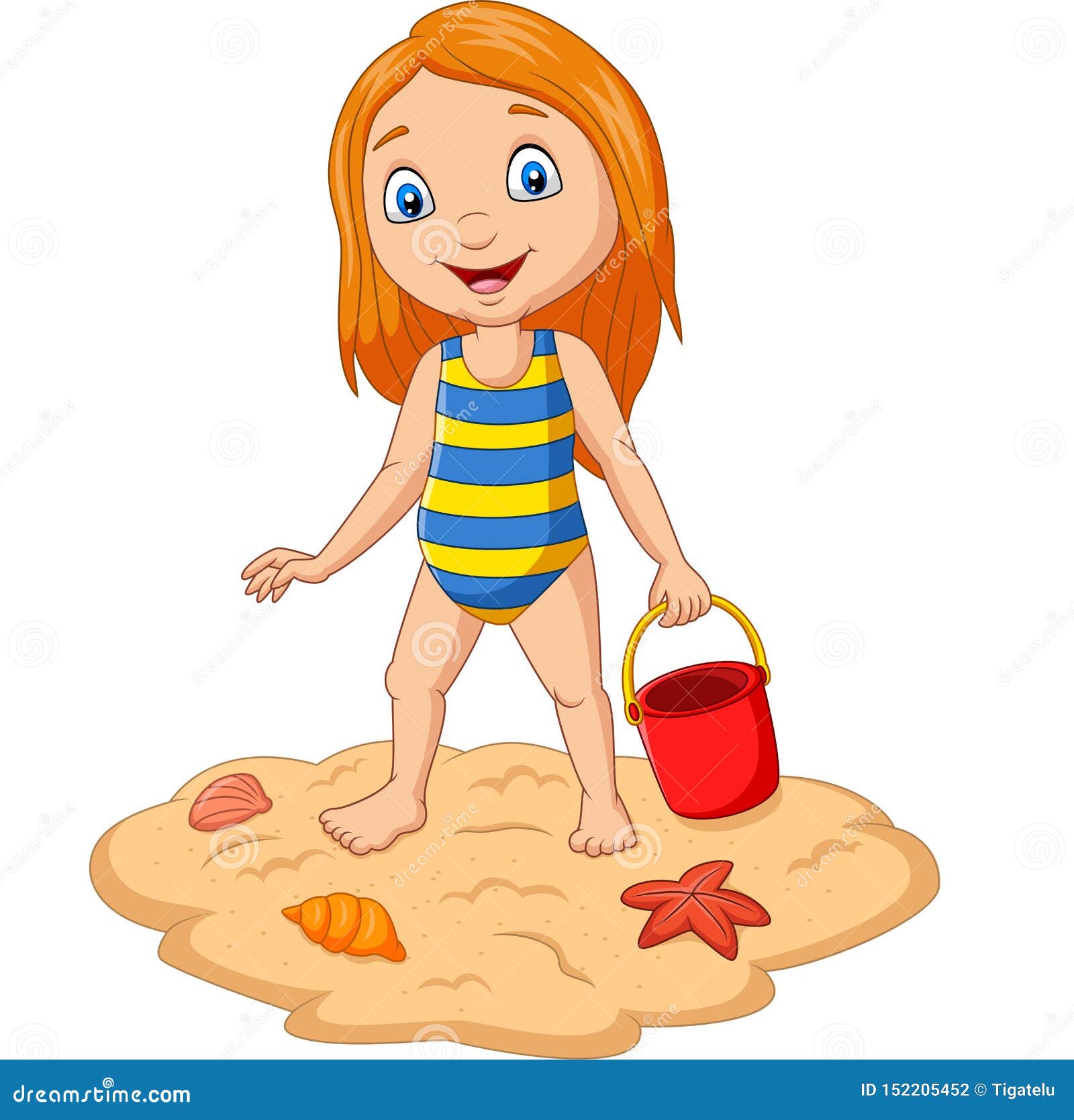 Cartoon Girl Holding Bucket Sand at Tropical Beach Stock Vector ...