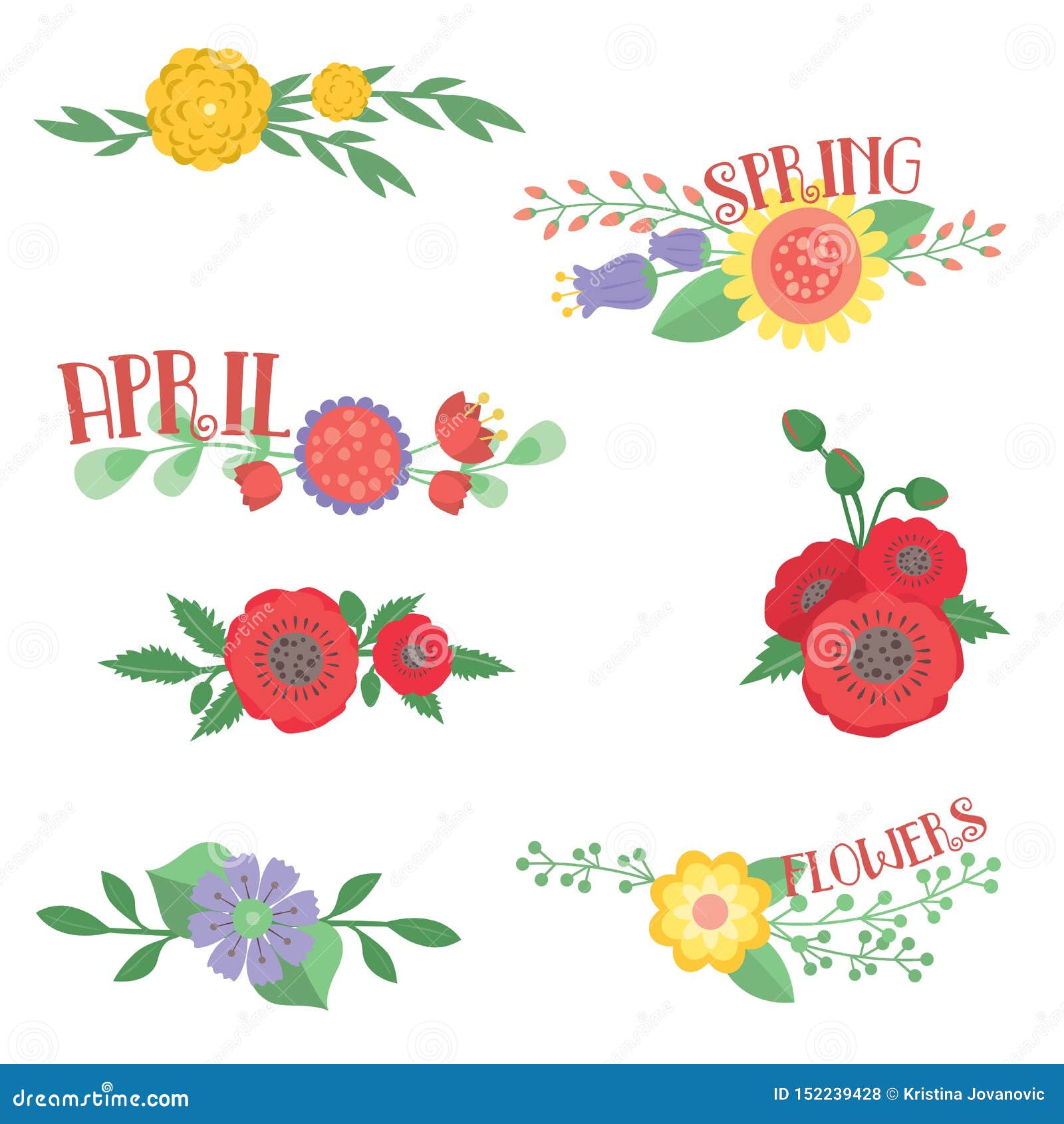 Spring Flowers Decoration Set Vector Flat Illustration Design Elements ...
