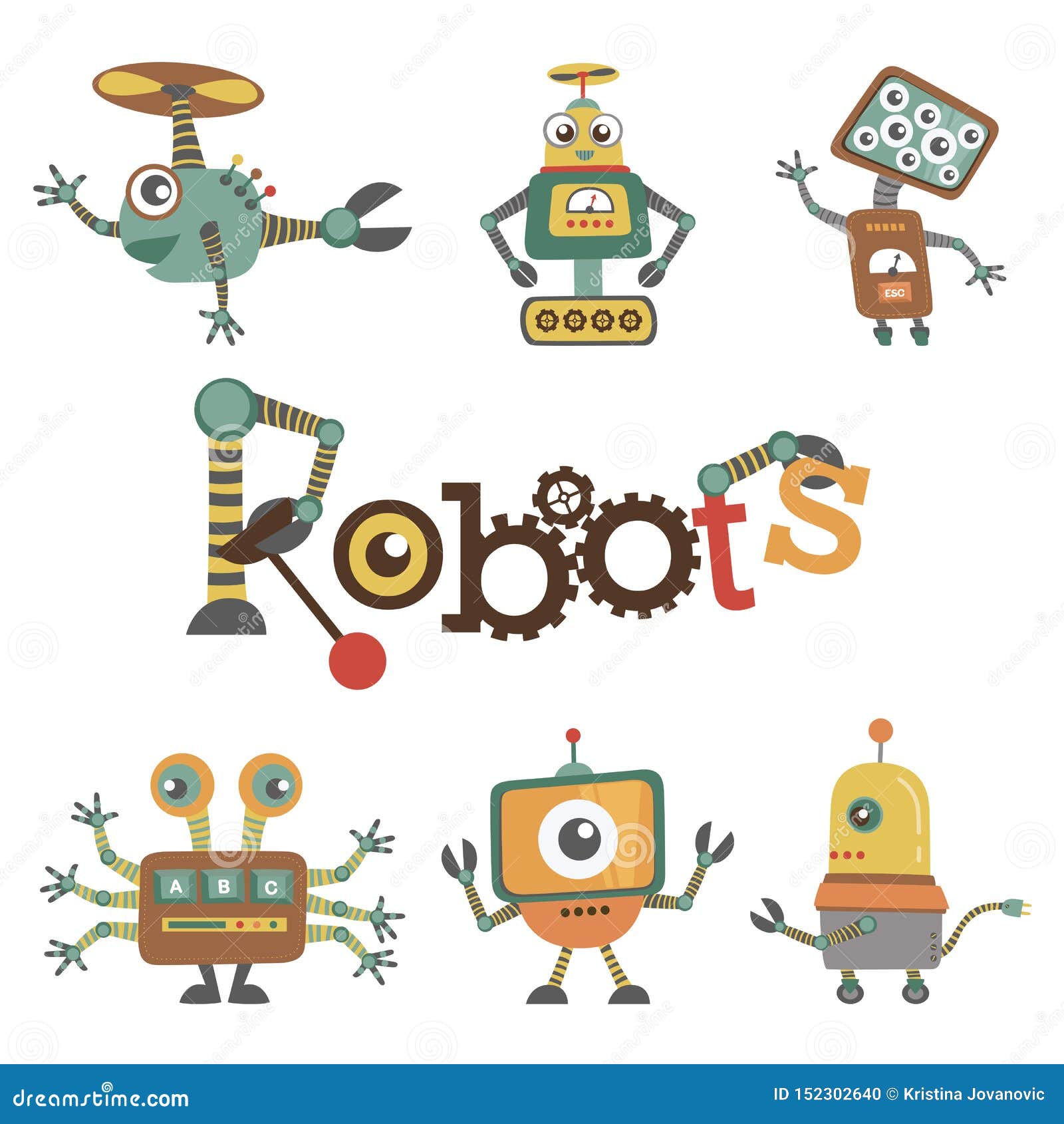 Retro Robots Design Set Flat Vector Illustration Isolated on White ...