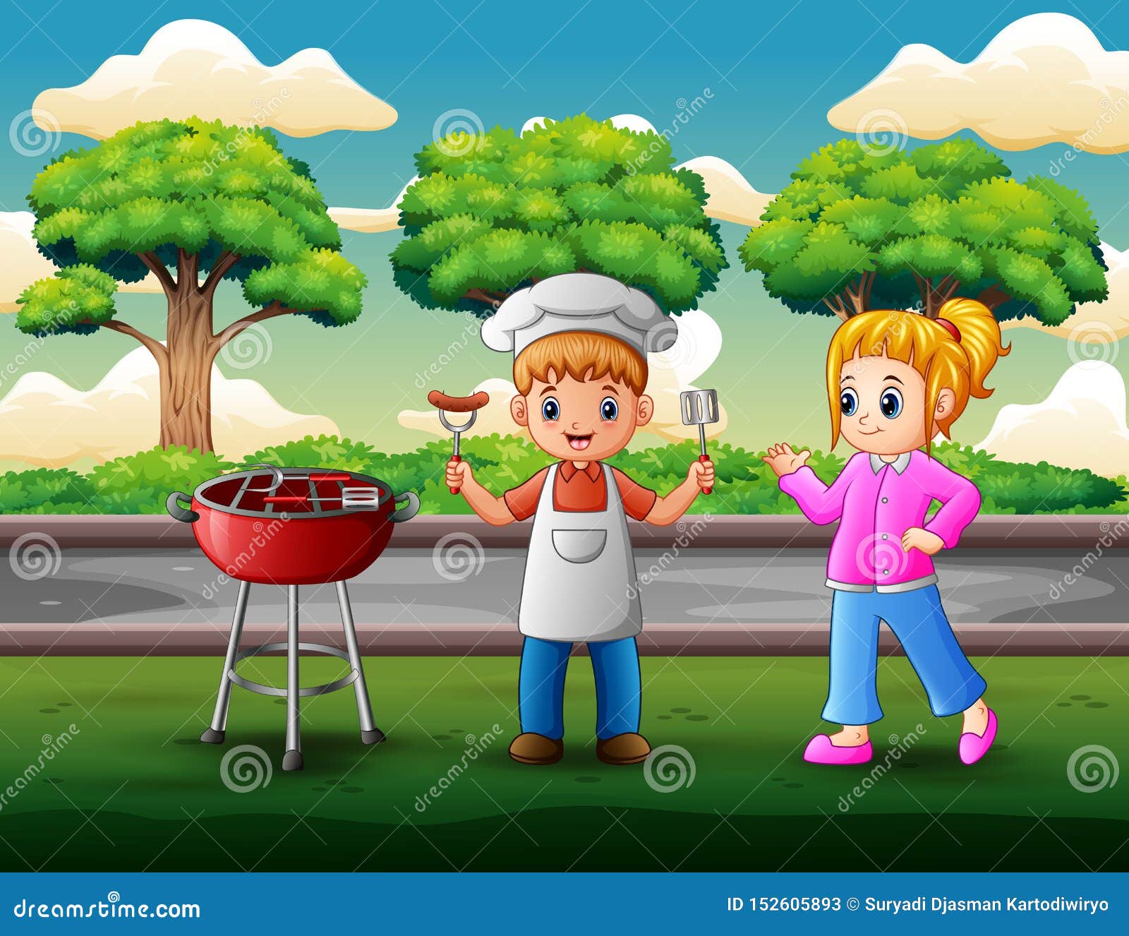 Children Having Barbecue at Backyard Stock Vector - Illustration of ...