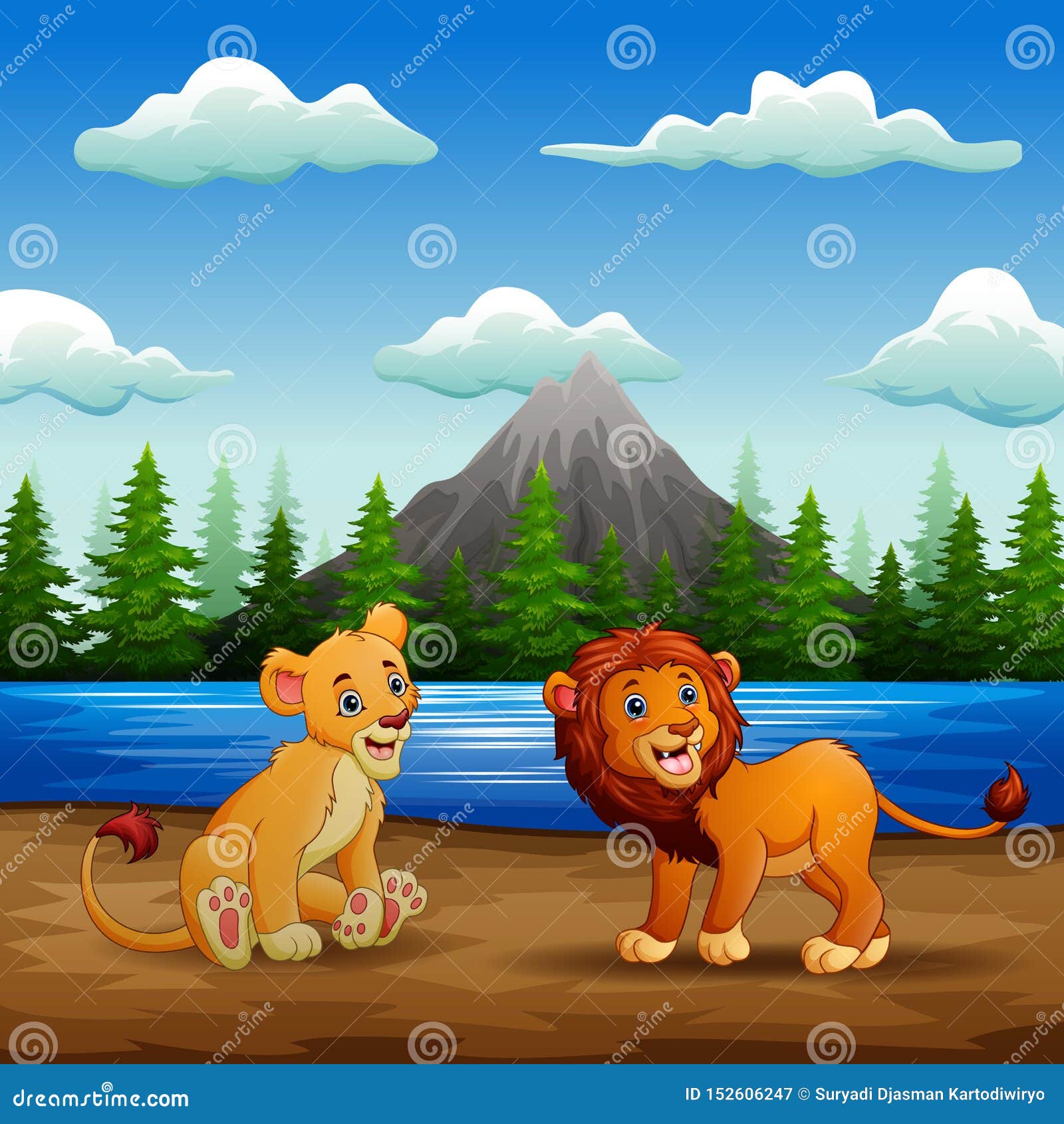 Lions Cartoon Playing in the Riverside Stock Vector - Illustration of ...