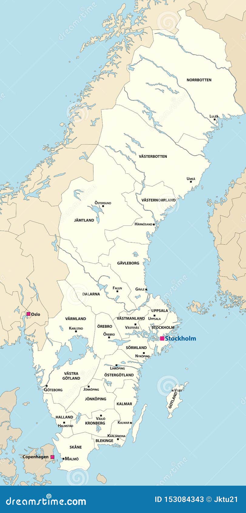 Sweden Counties Map Vector Illustration with Capital Cities on it. All ...