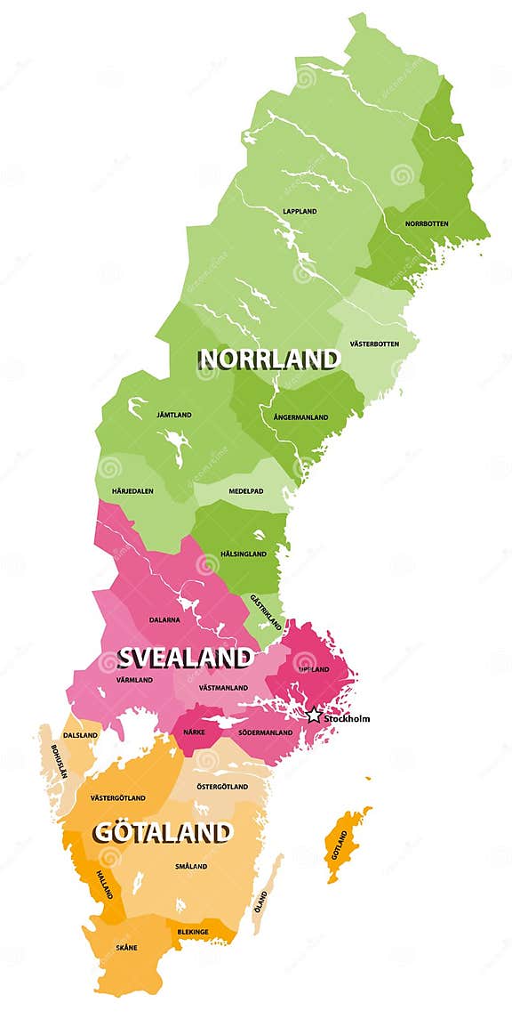 The Lands of Sweden Vector Map. Three Traditional Parts of Sweden Each ...