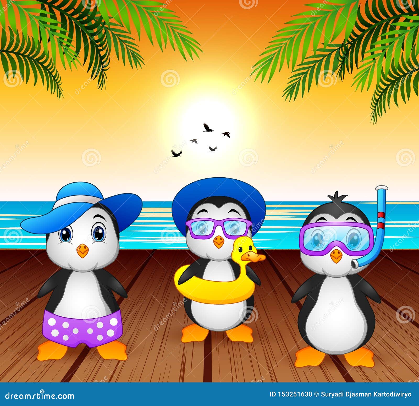 Cartoon Summer Penguins at the Beach Stock Vector - Illustration of ...