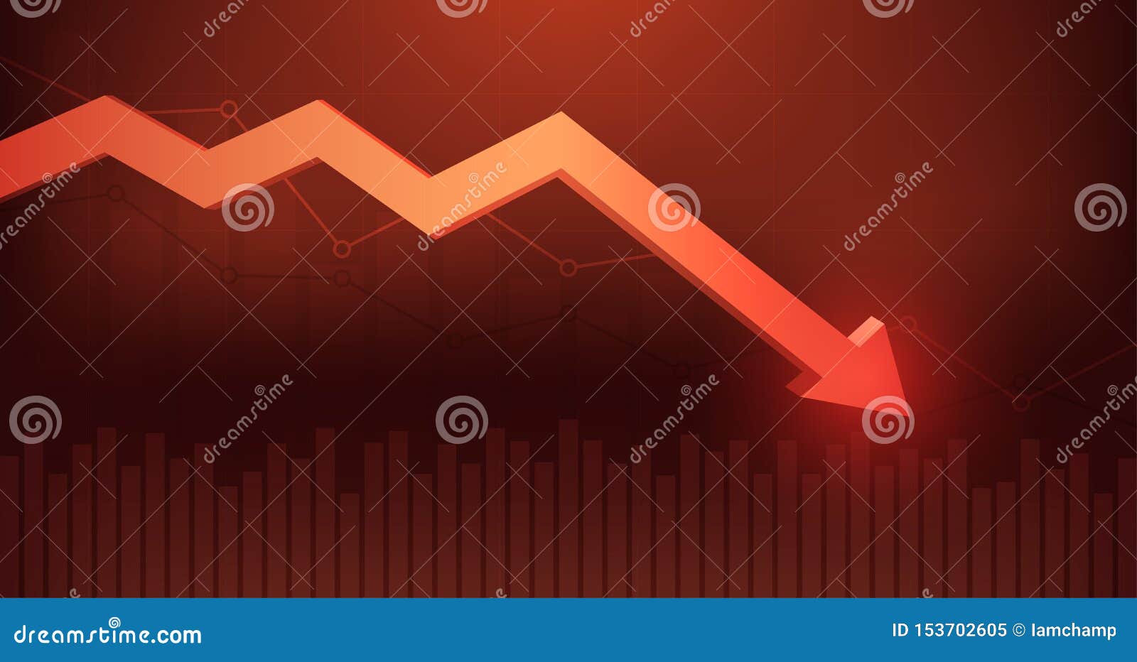 Widescreen Abstract Financial Chart with Downtrend Line Graph Arrow in Stock Market on Red Color ...