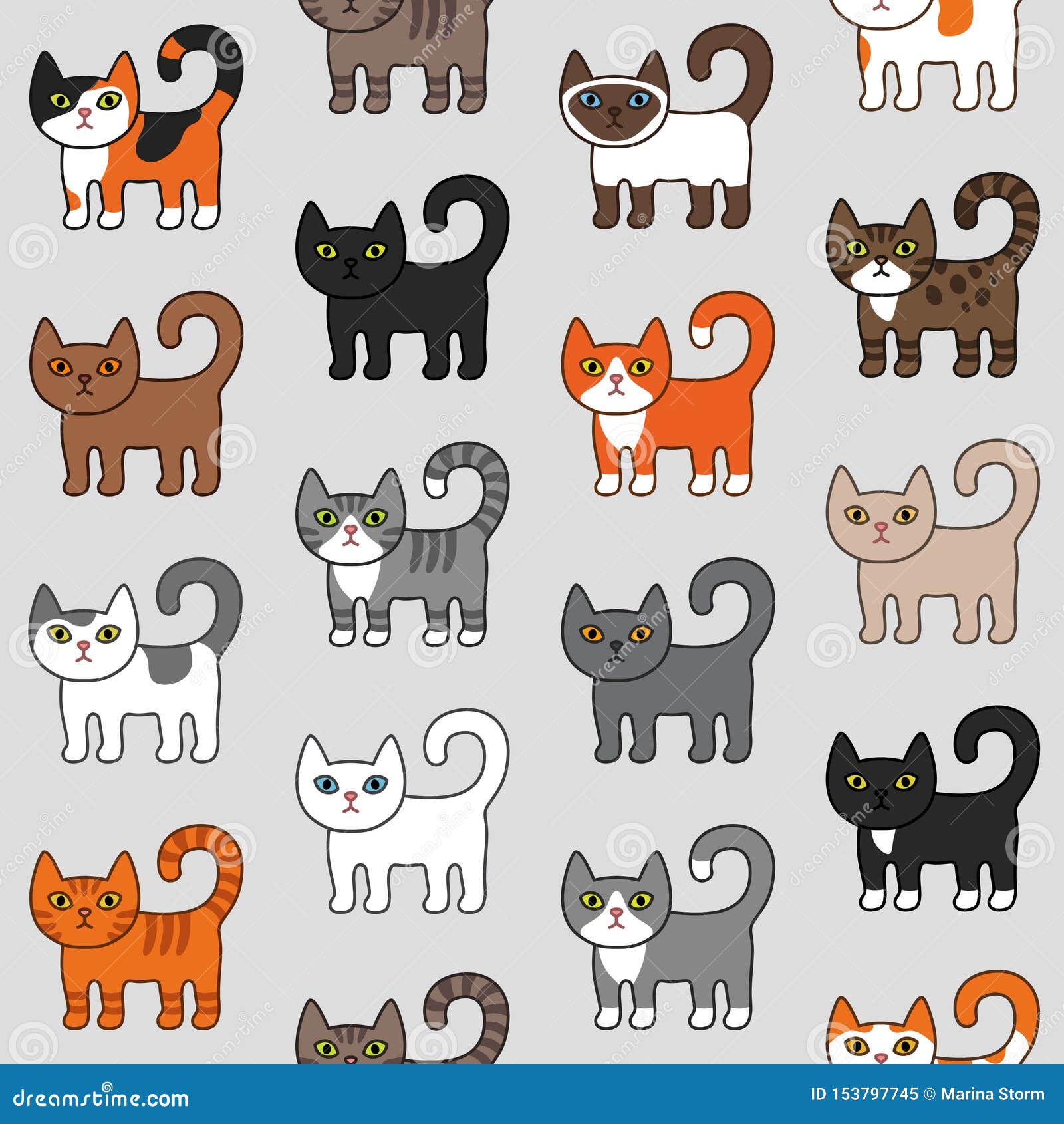 Various Cats Seamless Pattern. Cute and Funny Cartoon Kitty Cat Vector ...