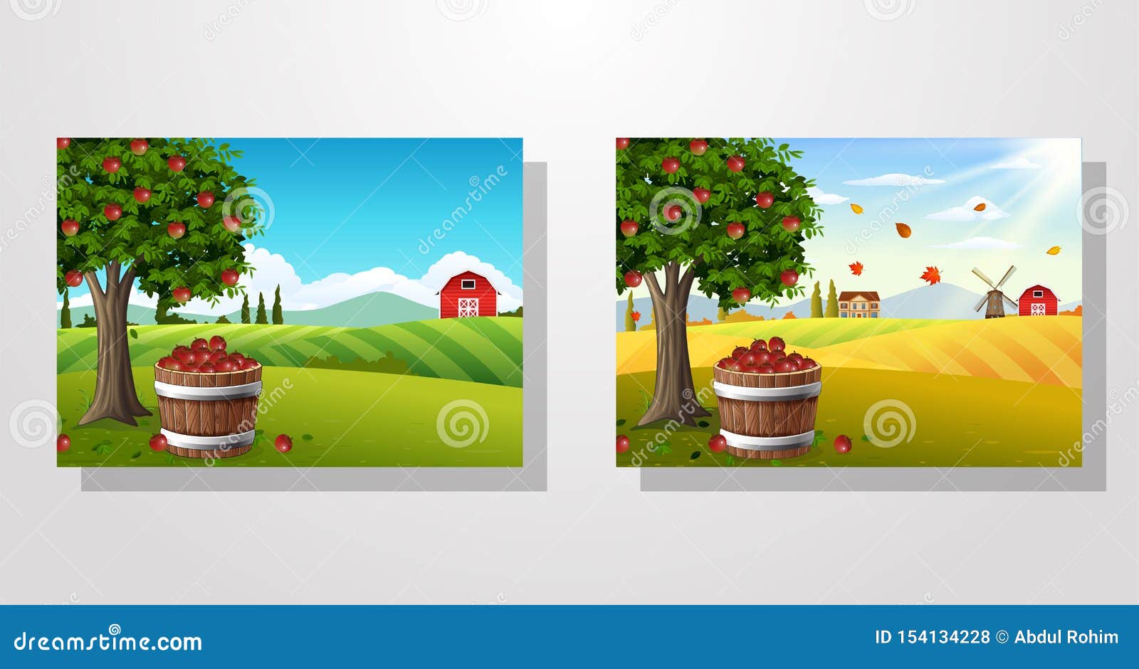 Apple Tree and Basket of Apples in Farm Landscape Stock Vector ...