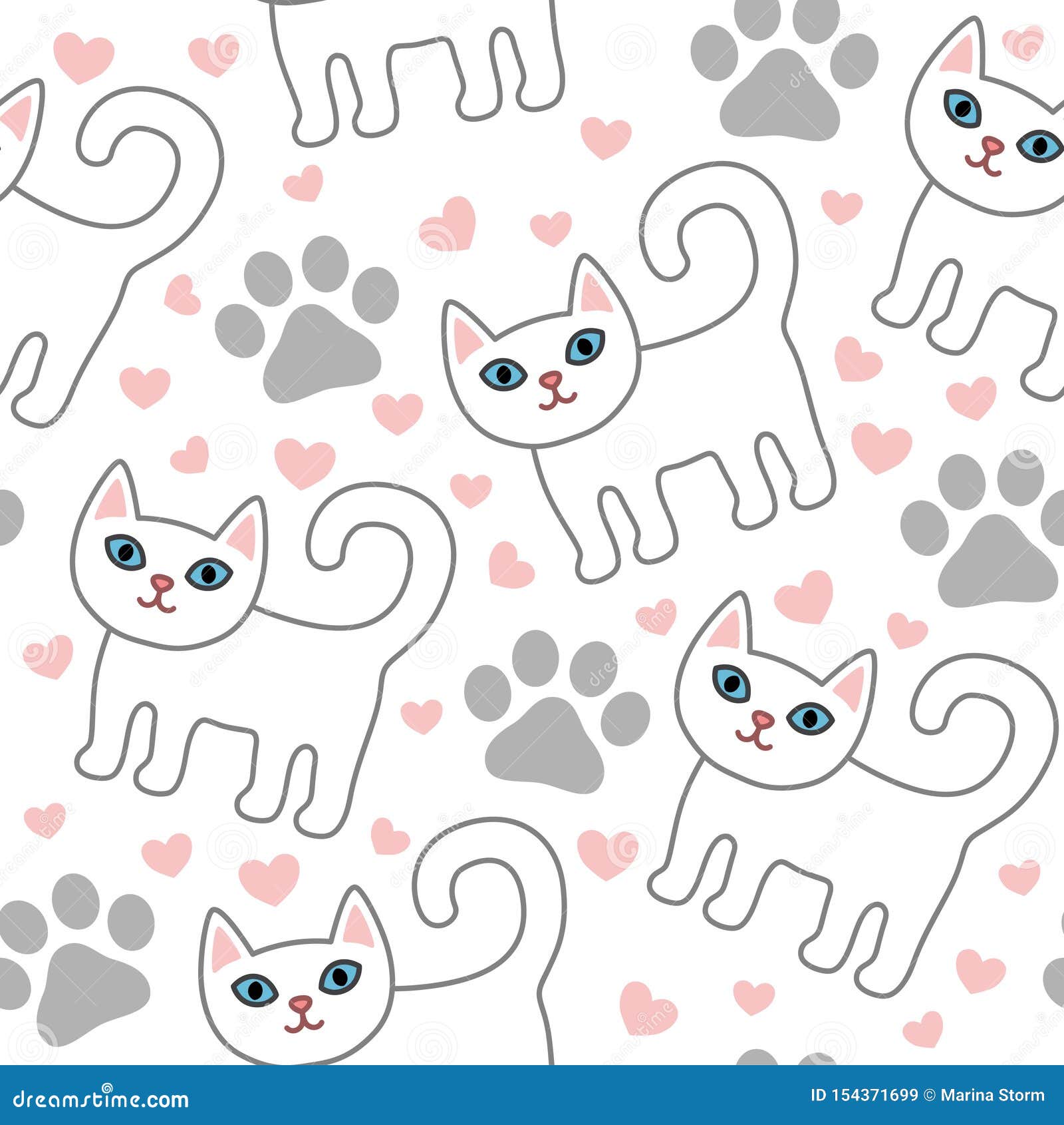 White Cats Seamless Pattern with Pink Hearts and Paws. Stock Vector ...