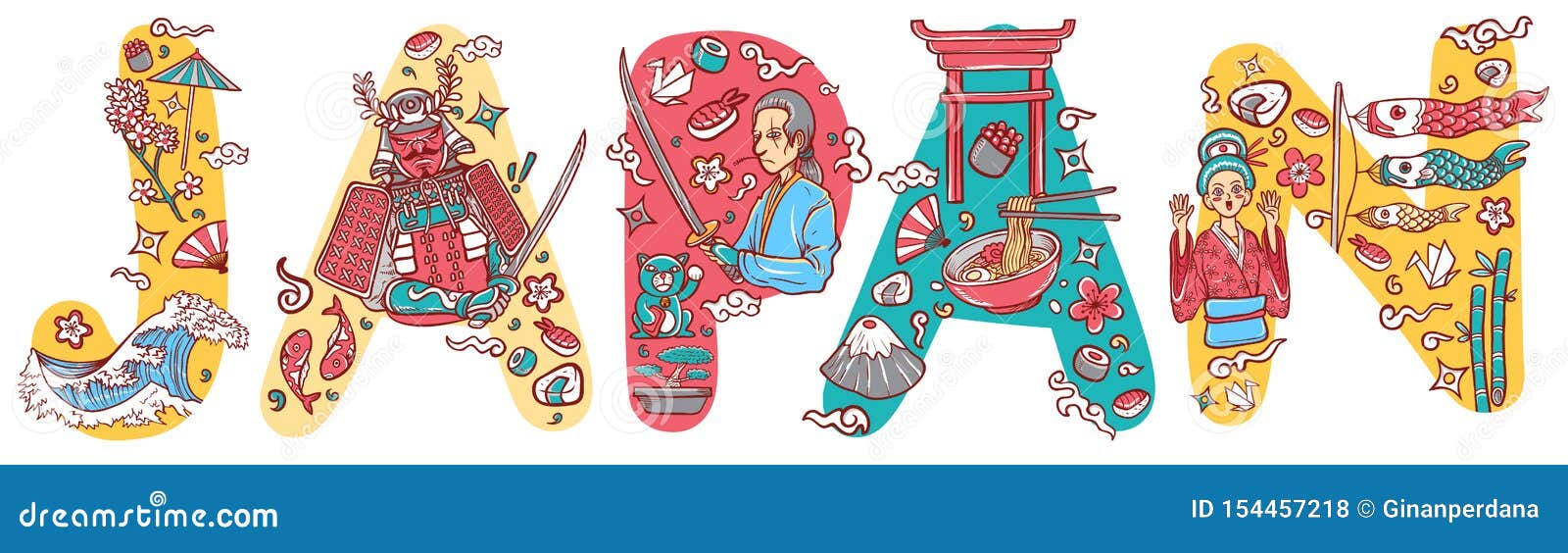 Illustration of Japan Culture in Custom Font Lettering Coloring ...