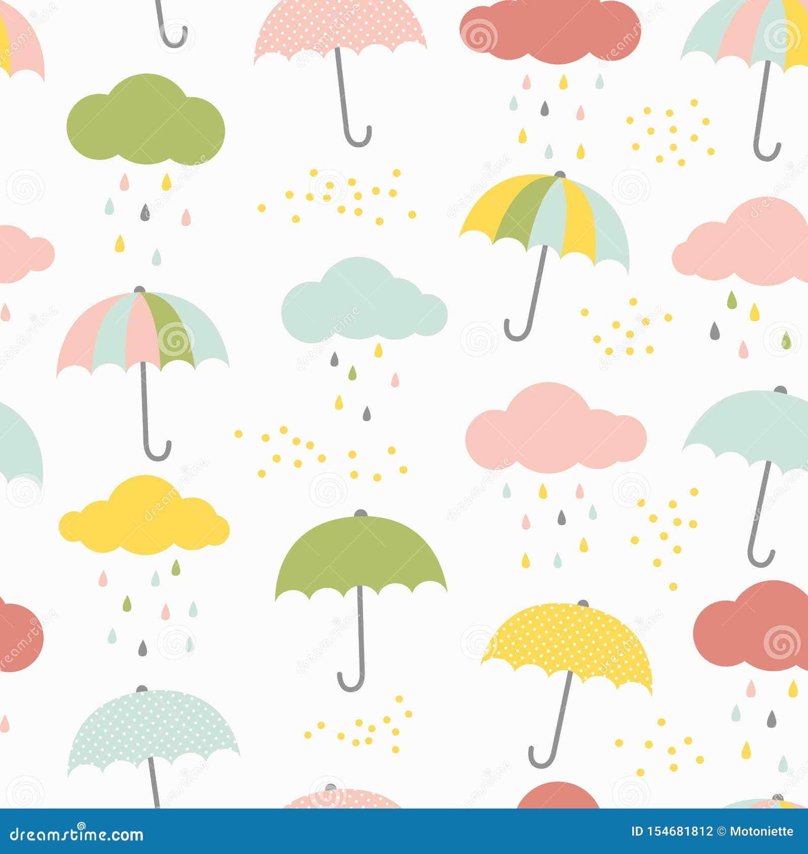 Vector Kids Pattern with Clouds, Rain Drops and Umbrellas. Cute ...