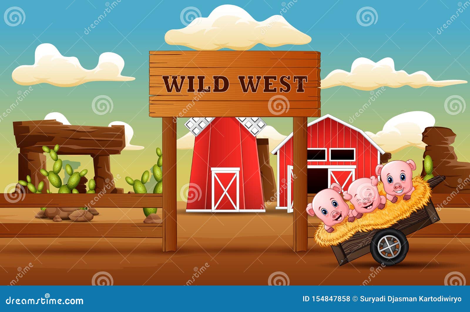 Pigs Cartoon in Front a Farm Gate Wild West Stock Vector - Illustration ...