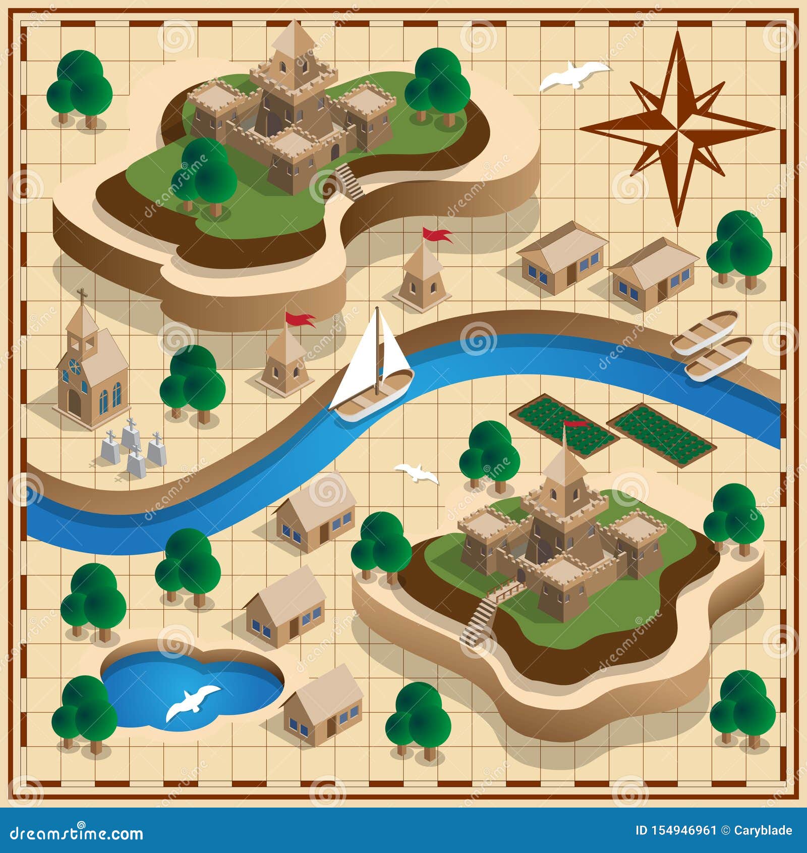 Medieval Landscape on the Old Map. Stock Vector - Illustration of ...