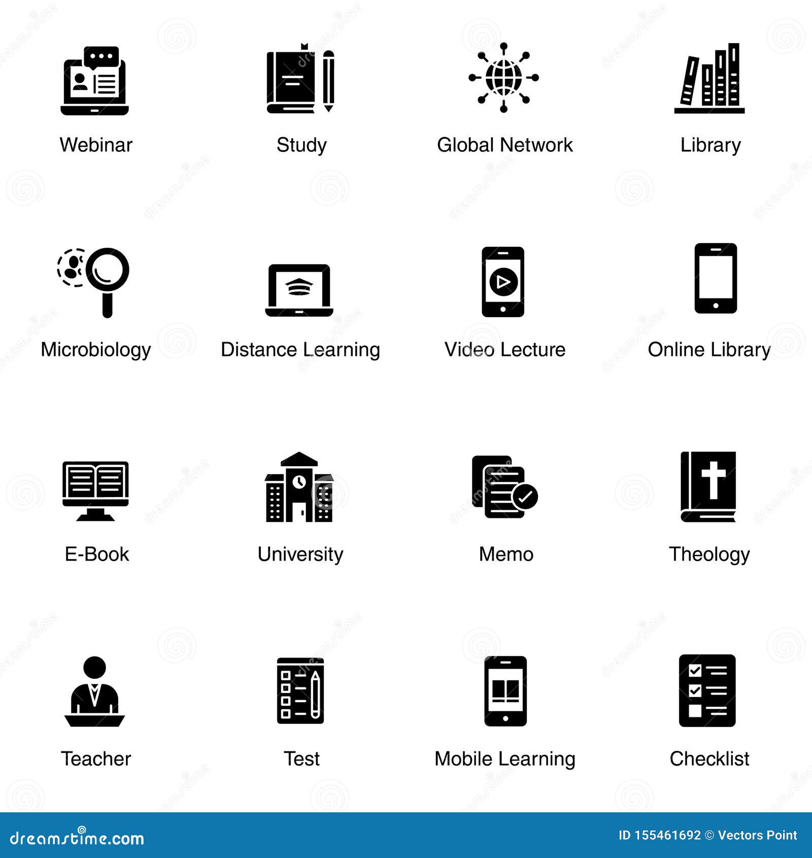 Distance Learning Solid Icons Pack Stock Vector - Illustration of mobile, global: 155461692