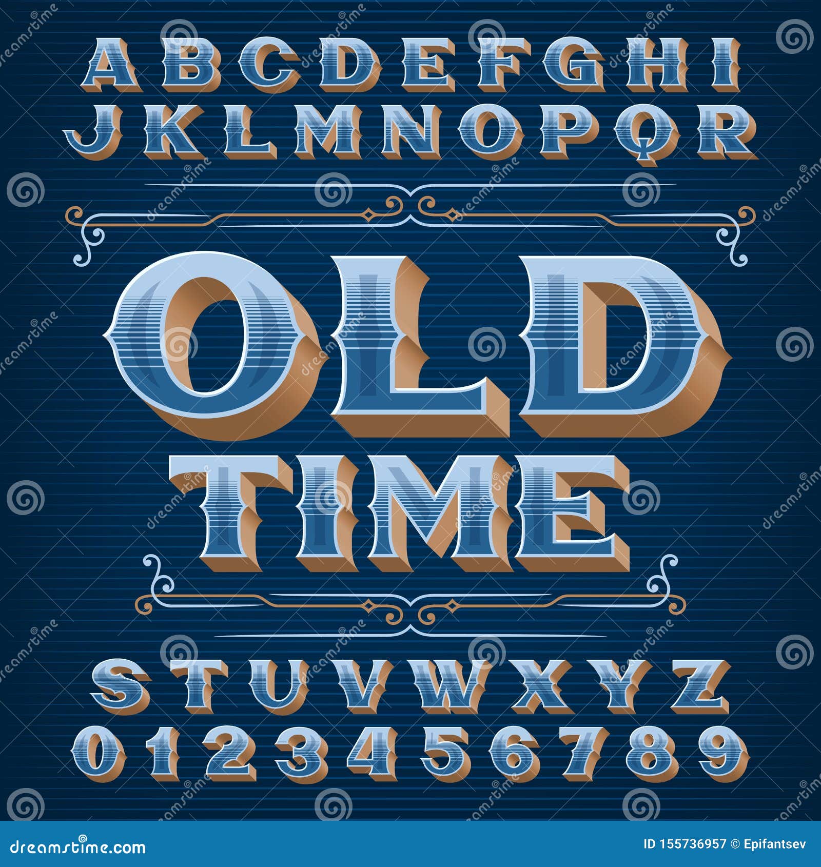 Old Time Alphabet Font. 3D Ornate Vintage Letters and Numbers Stock ...