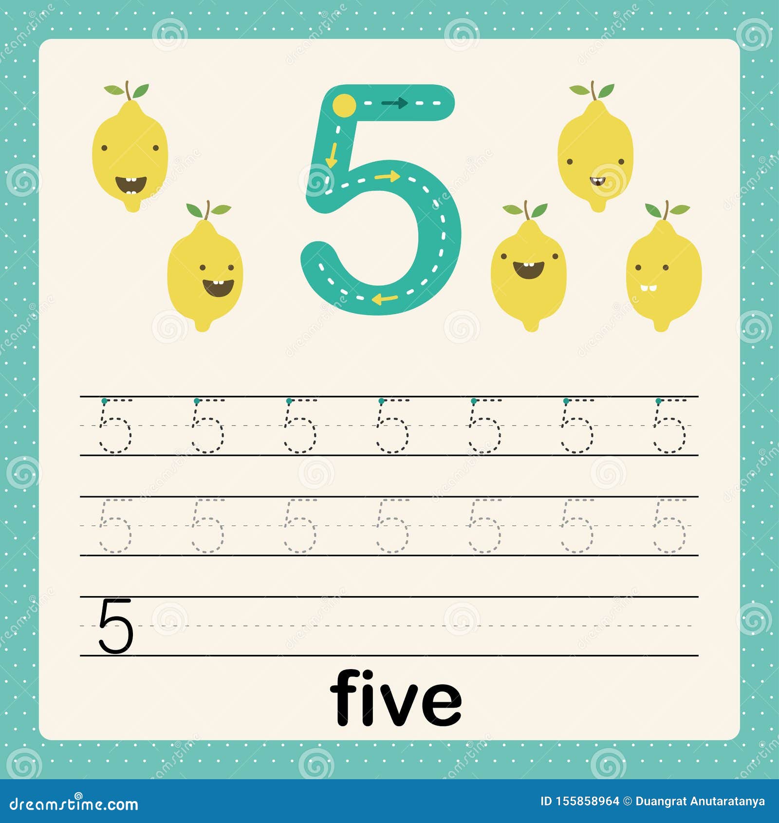 Number 5, Card for Kids Learning To Count and To Write, Worksheet for ...