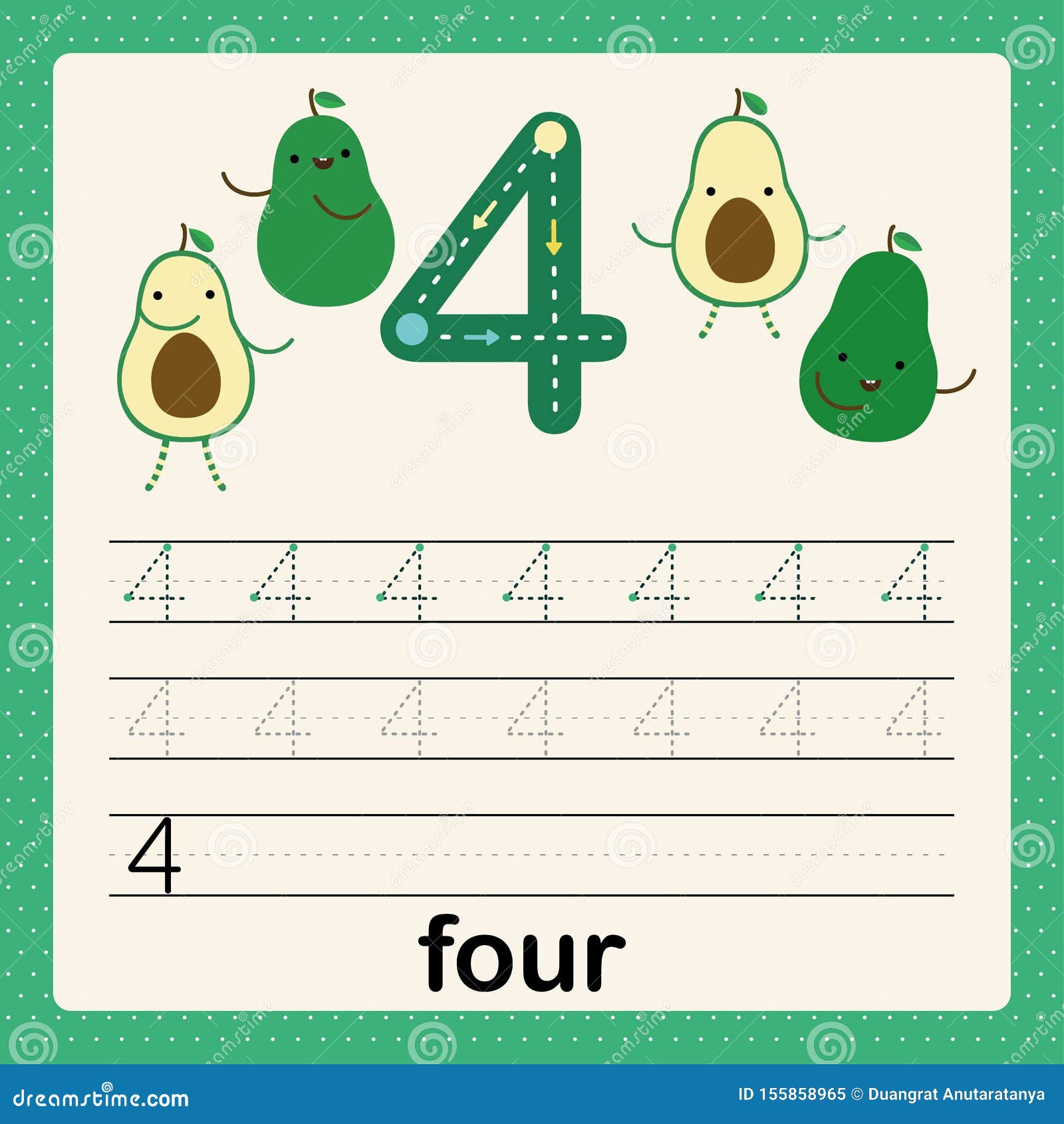 Number 4, Card for Kids Learning To Count and To Write, Worksheet for ...