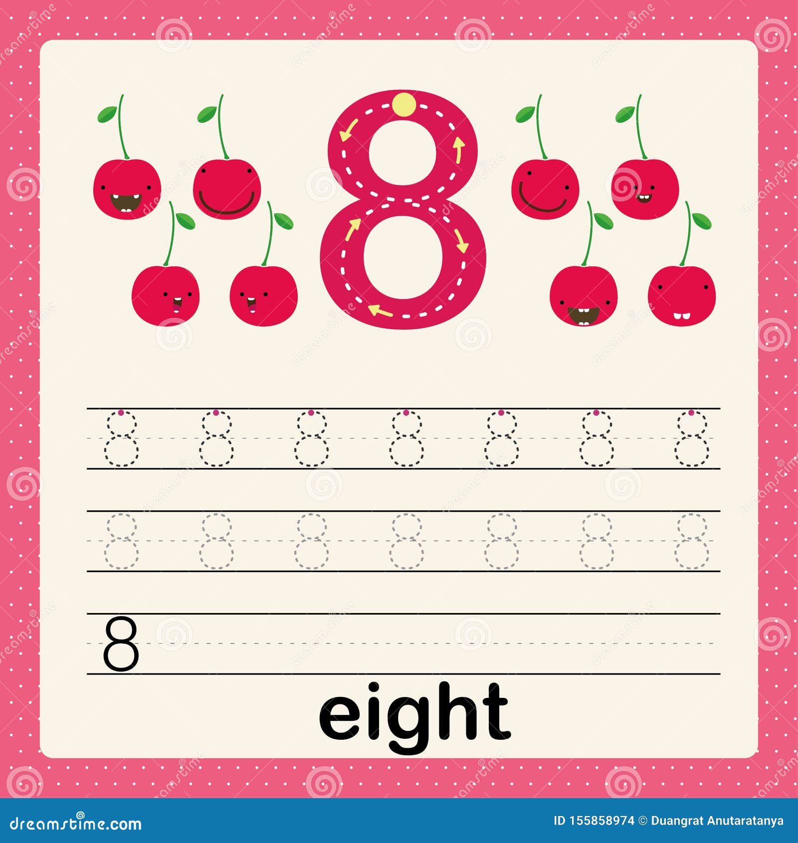 Number 8, Card For Kids Learning To Count And To Write, Worksheet For ...
