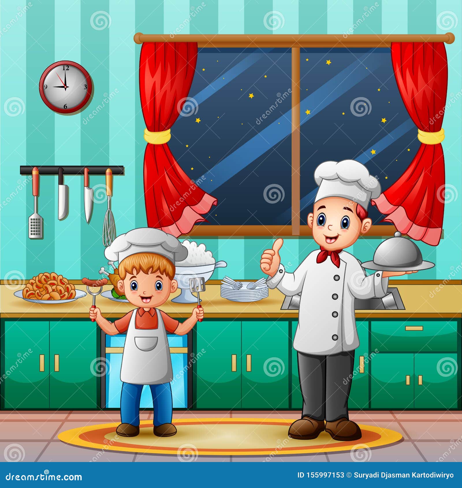 A Chef Man with Her Son Cooking in the Kitchen Stock Vector ...