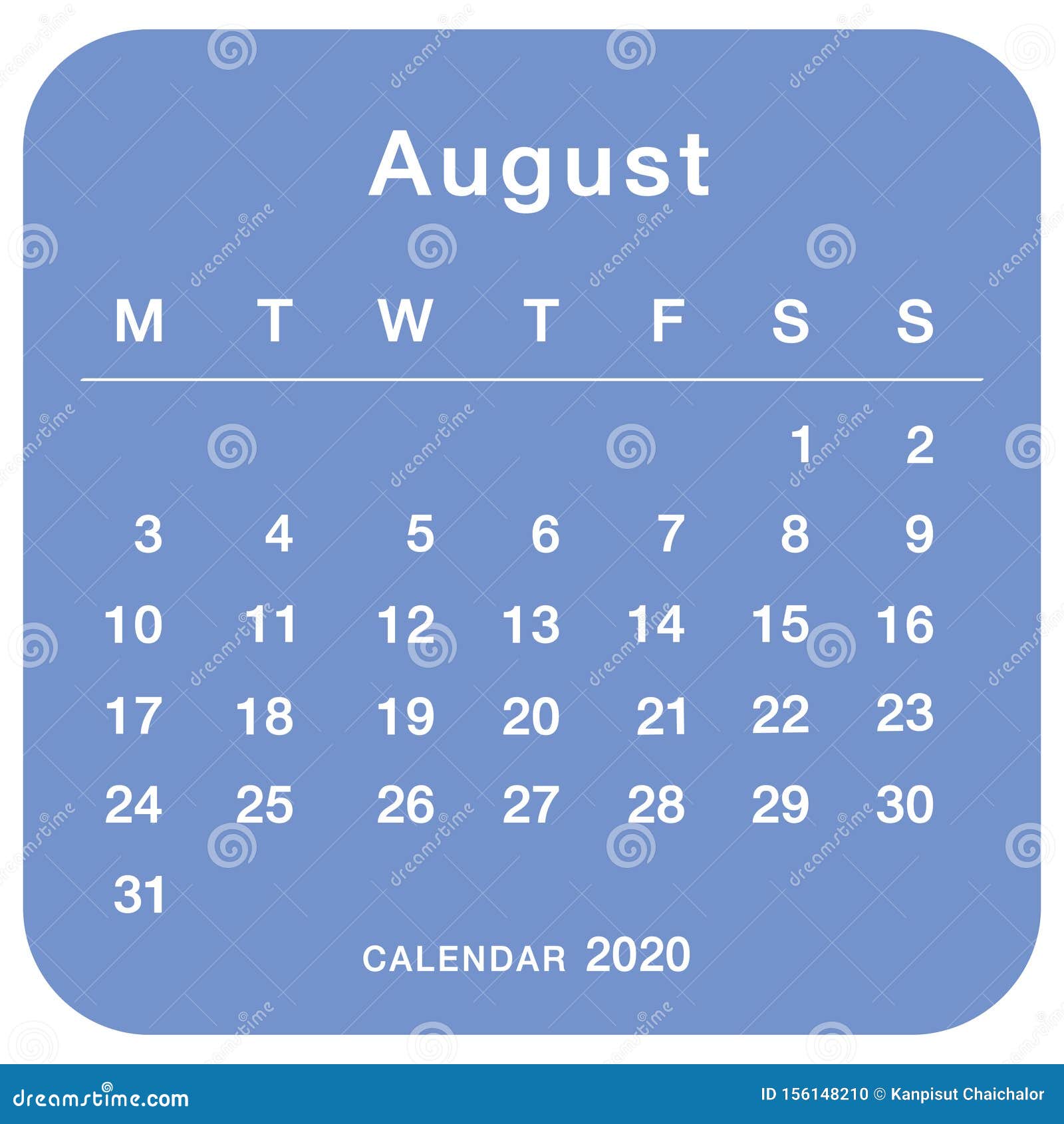 August 2020 Planning Calendar . Simple August 2020 Calendar Stock ...