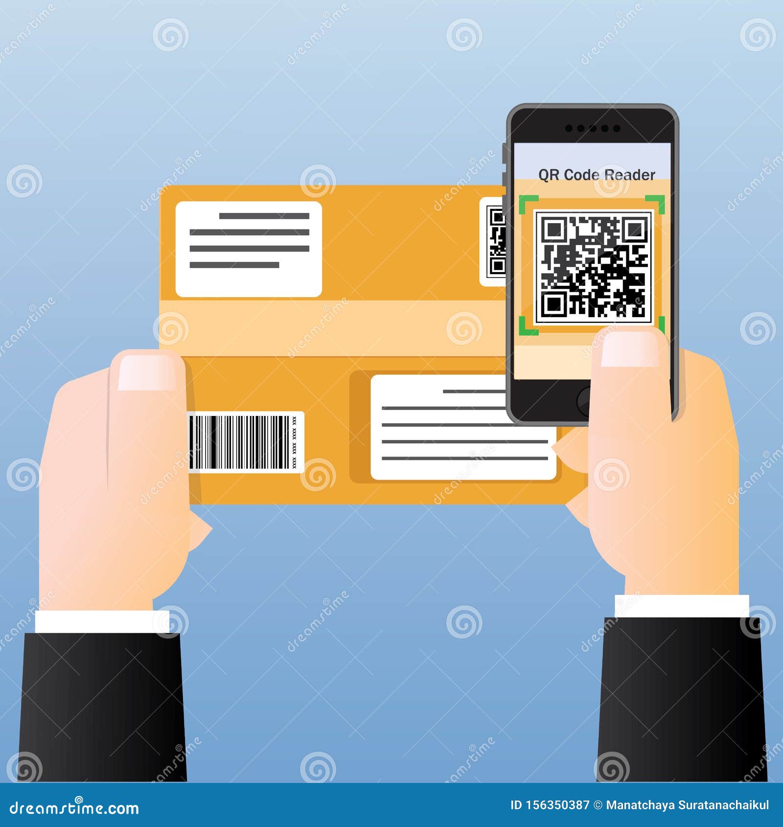 QR Code Scanning with Mobile Phone on Cardboard Box. Stock Illustration ...