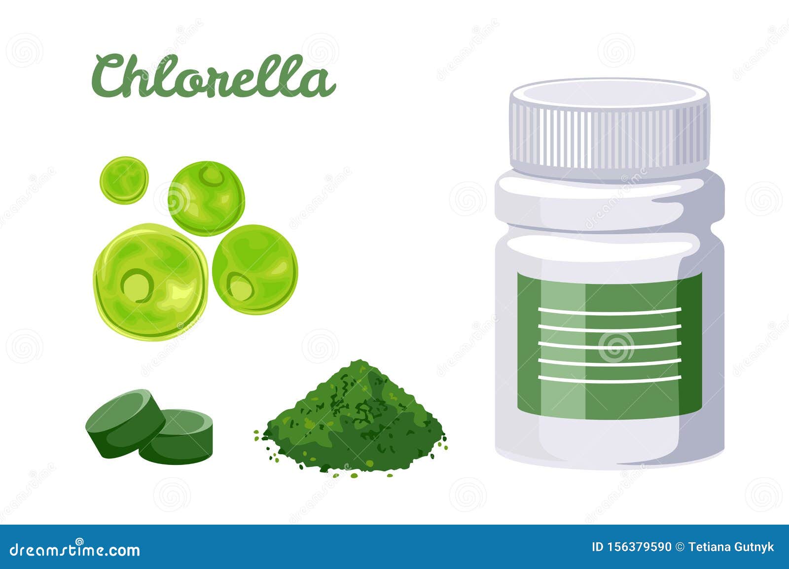 Chlorella Superfood. Pills and Healthy Algae Powder Stock Vector ...