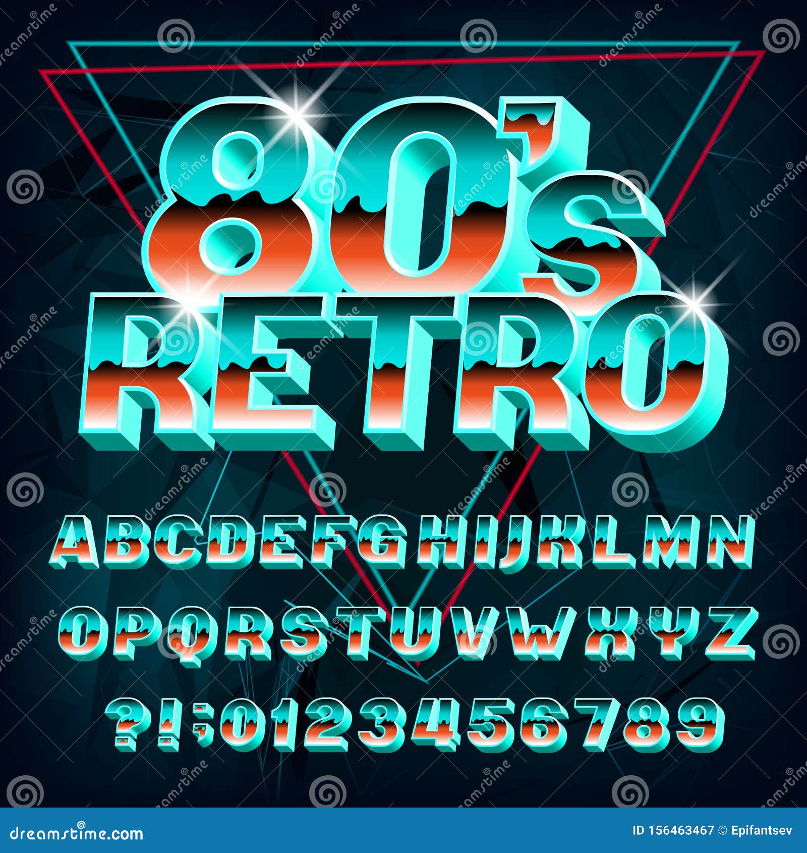 80s Retro Alphabet Font. 3D Effect Letters and Numbers on Abstract ...