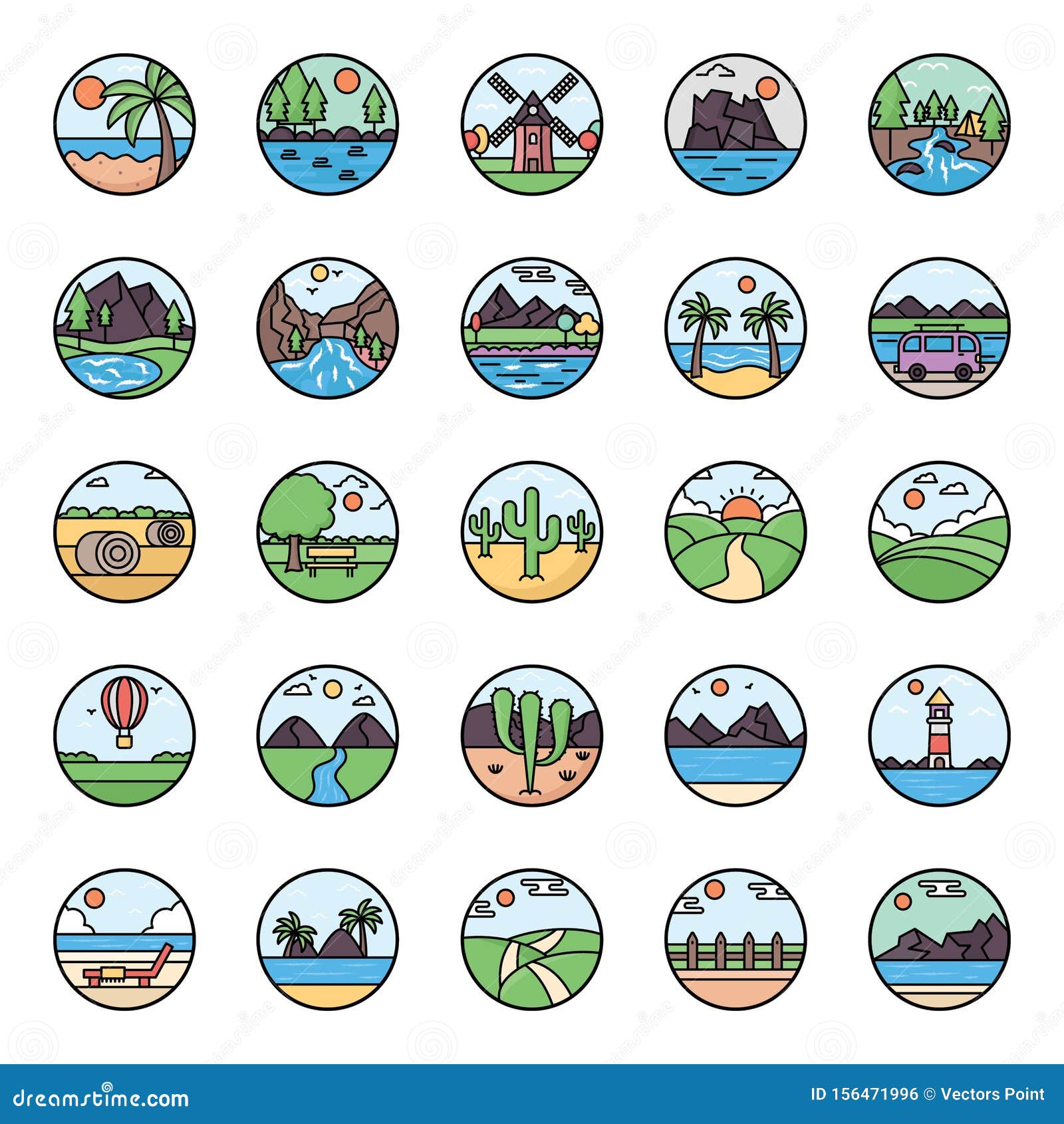 Nature Landscapes Flat Rounded Vectors Stock Vector - Illustration of ...