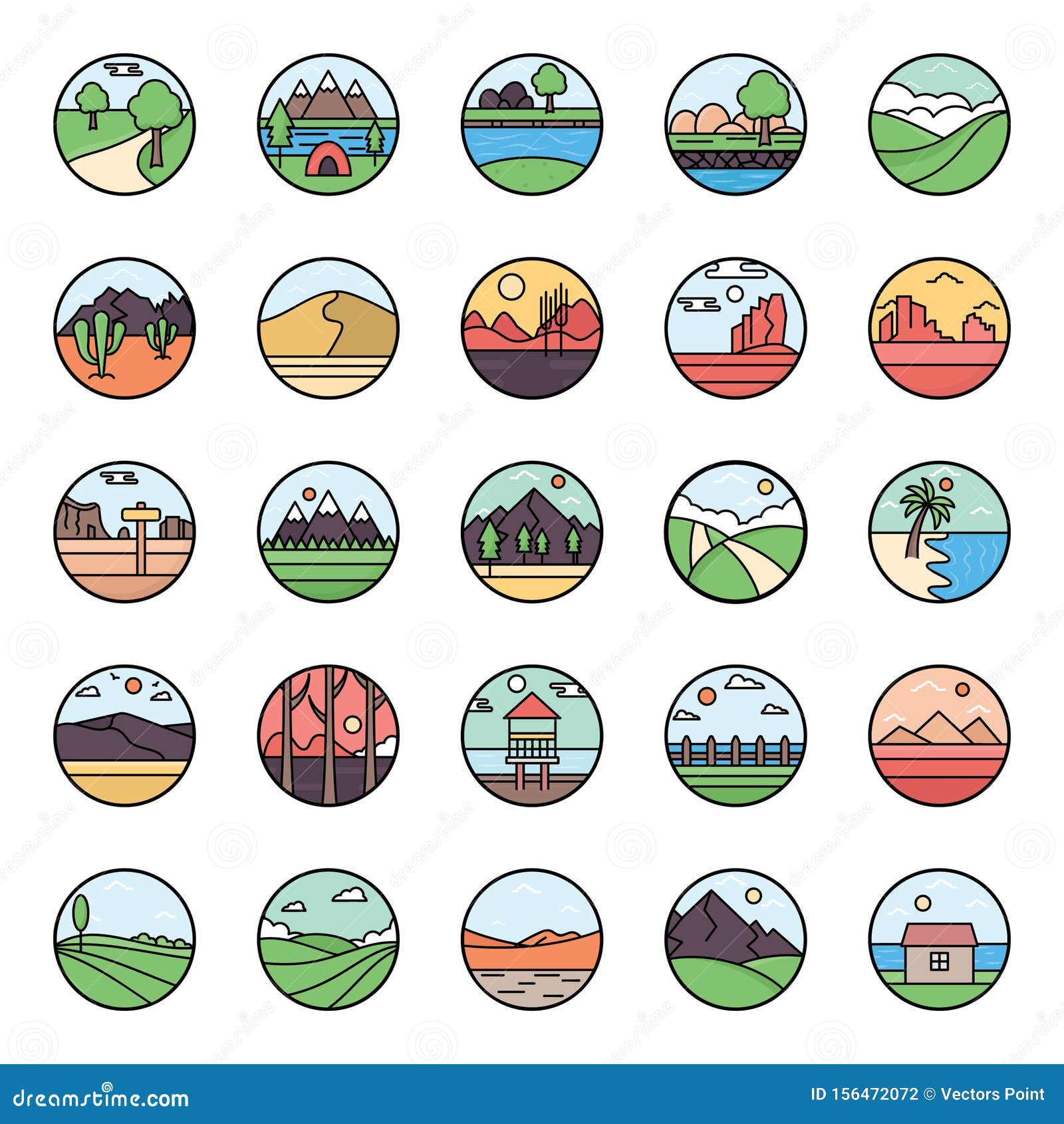 Landscape Views Flat Rounded Vectors Stock Vector - Illustration of ...