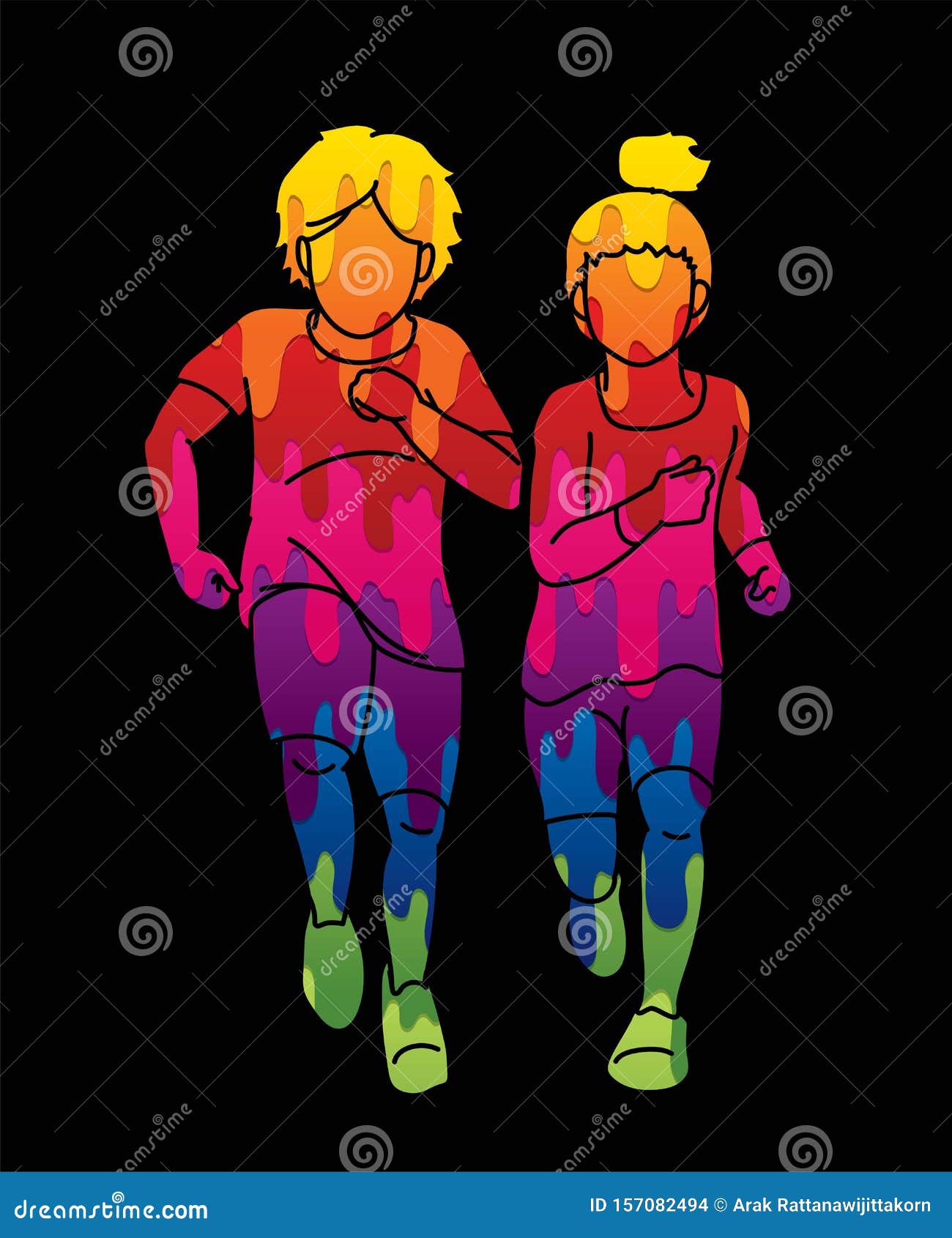 Boy and Girl Running Together, Children Running Cartoon Graphic Stock ...