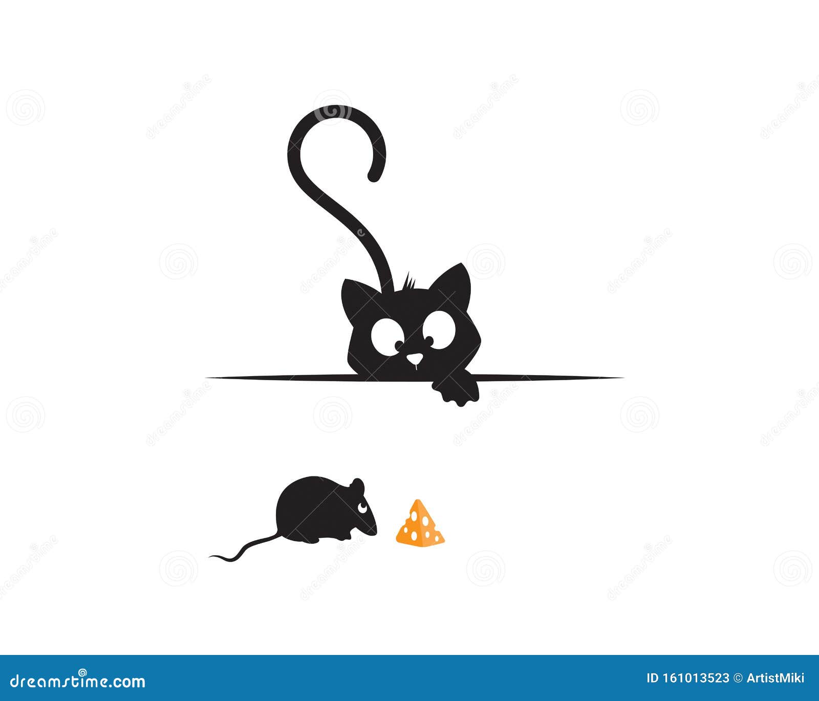 Cat Behind Wall and Mice Eating Piece of Cheese, Funny Illustration ...