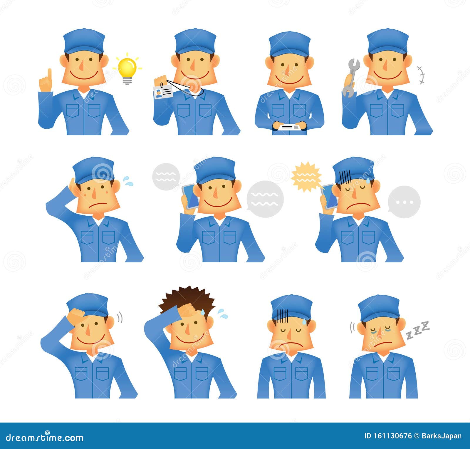 Young Asian Blue Collar Worker Vector Illustration Set / Upper Body ...