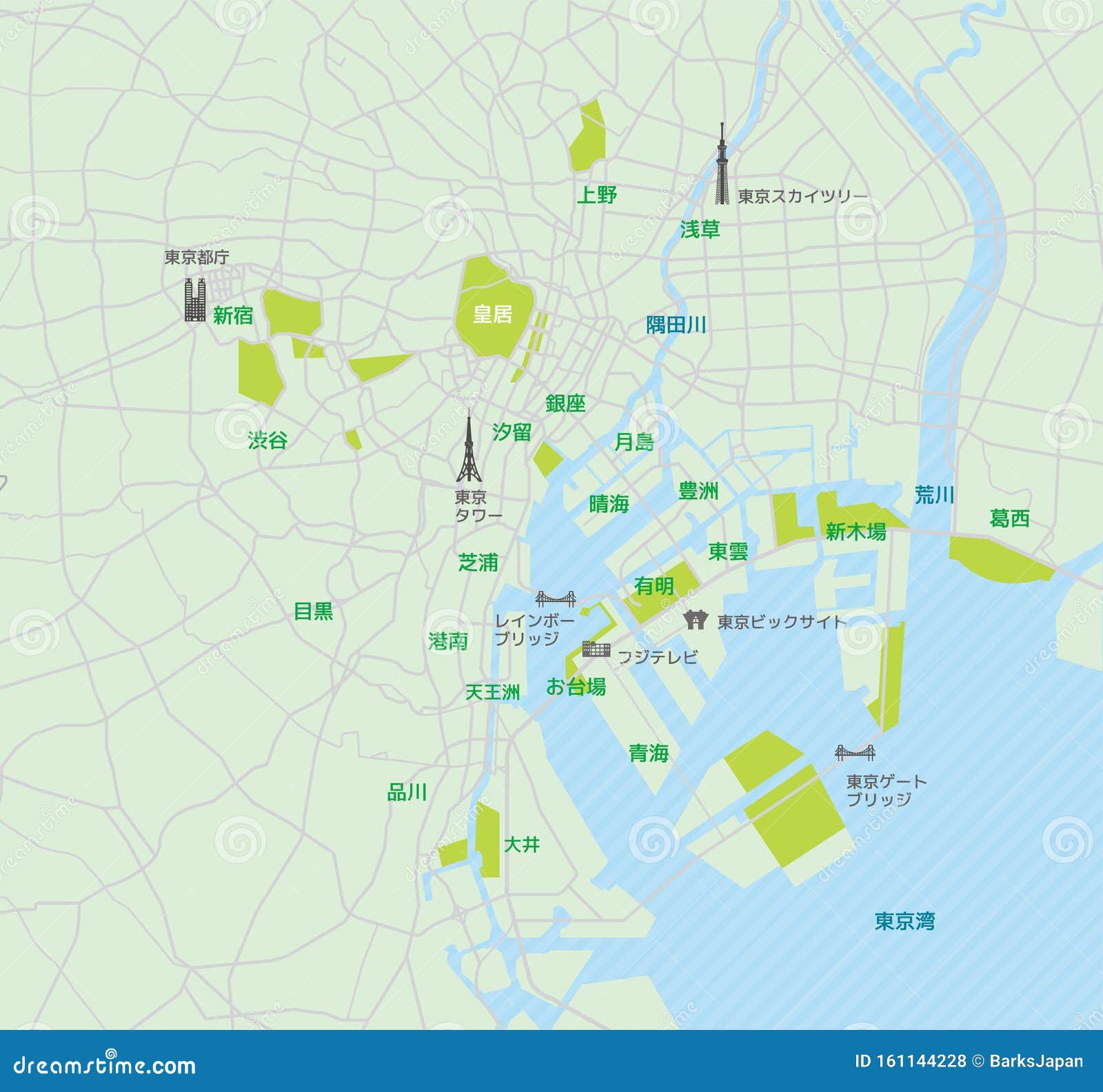 Tokyo Bay Area Road Map with Landmark Place Stock Vector - Illustration ...