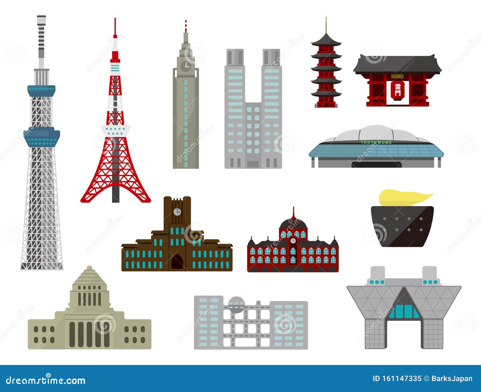 Tokyo Landmark Buildings Illustration Set Stock Vector - Illustration ...
