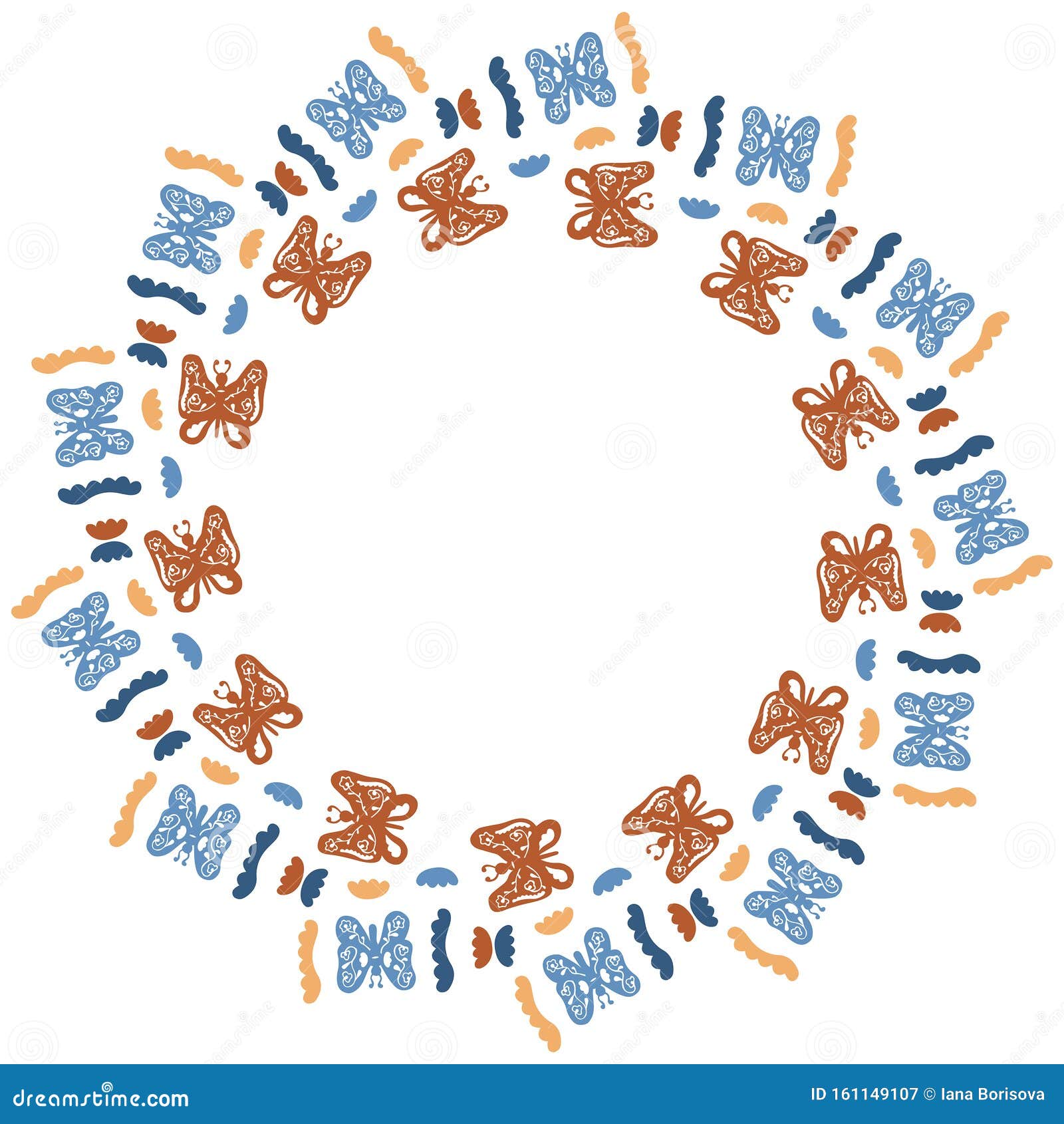 Round Frame of Hand-drawn Abstract Multi-colored Butterflies with ...