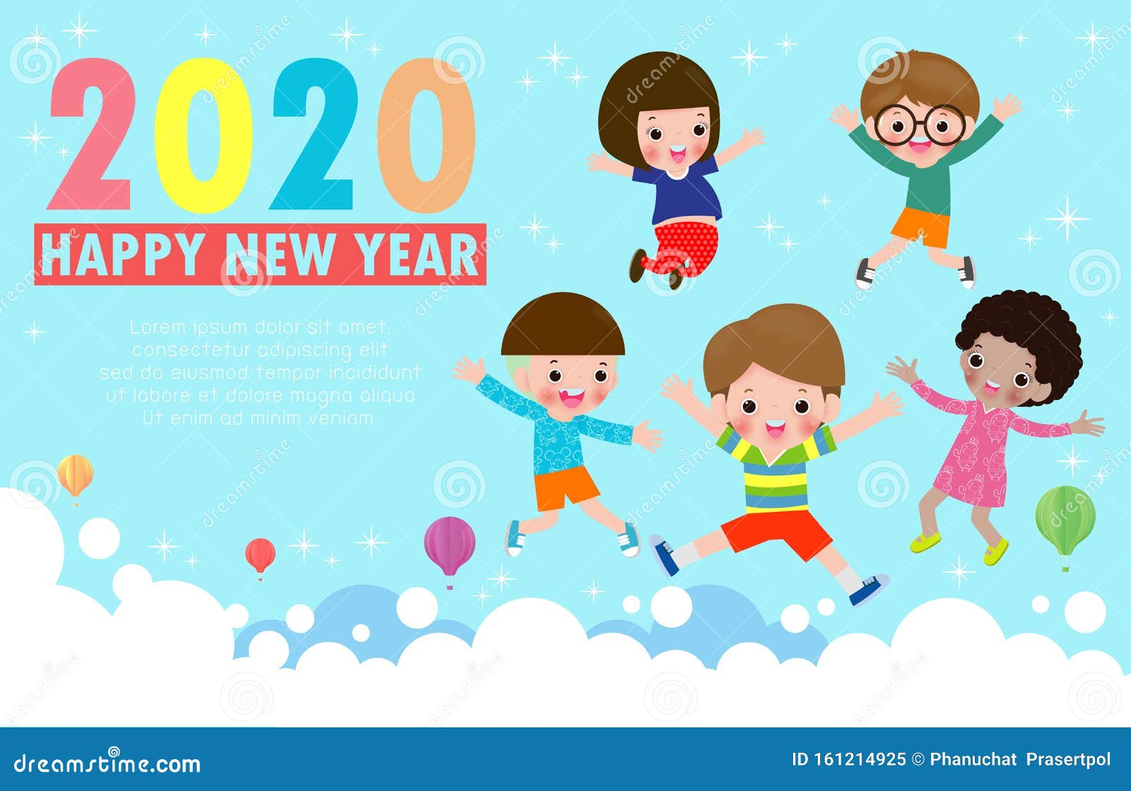 Happy New Year 2020 Greeting Card with Group Kids Jumping, Happy ...