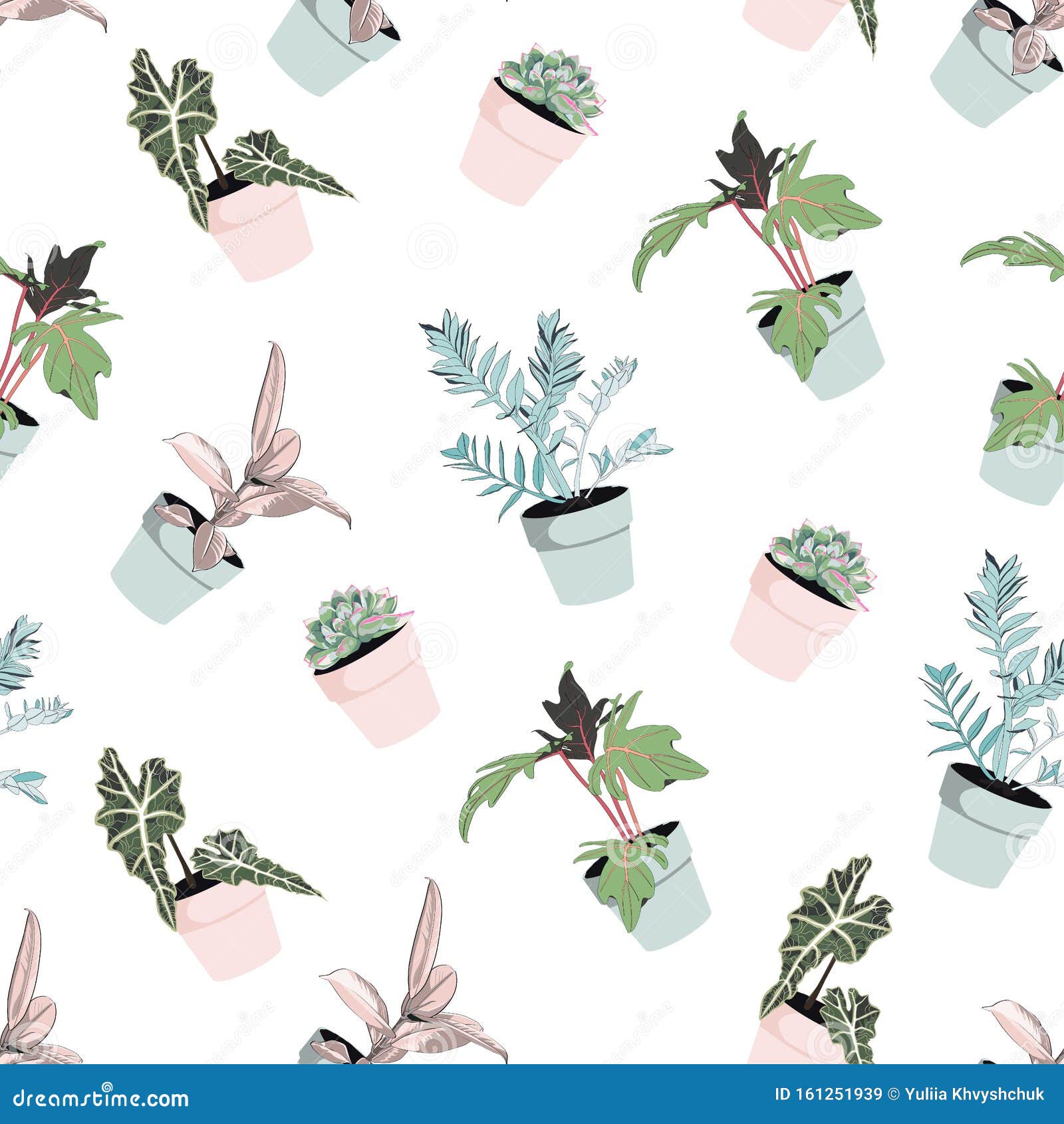 Different Green Plants in Pots Seamles Pattern for Inside and Outside ...