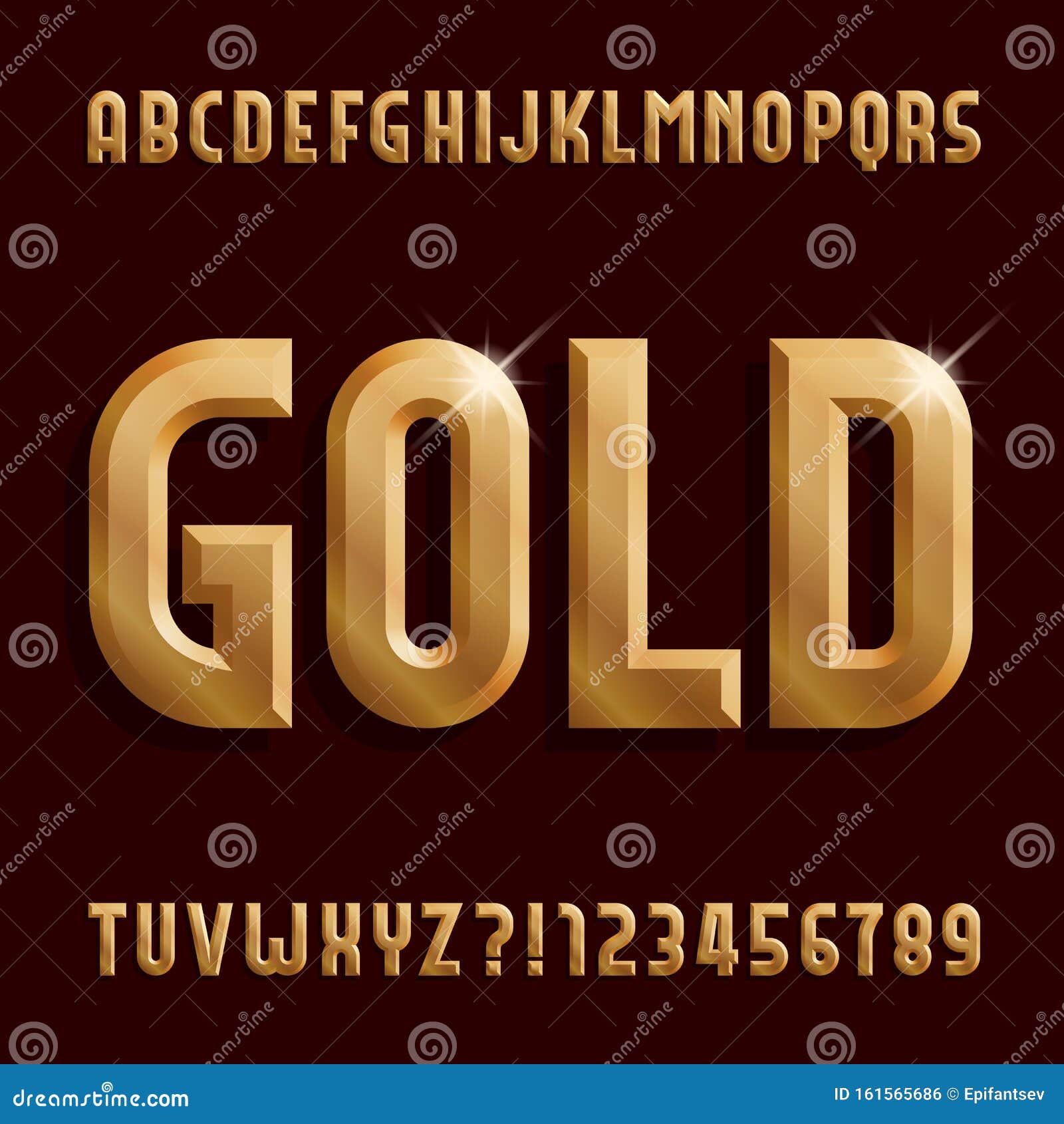 Gold Alphabet Font. Beveled Golden Letters, Numbers and Symbols Stock ...