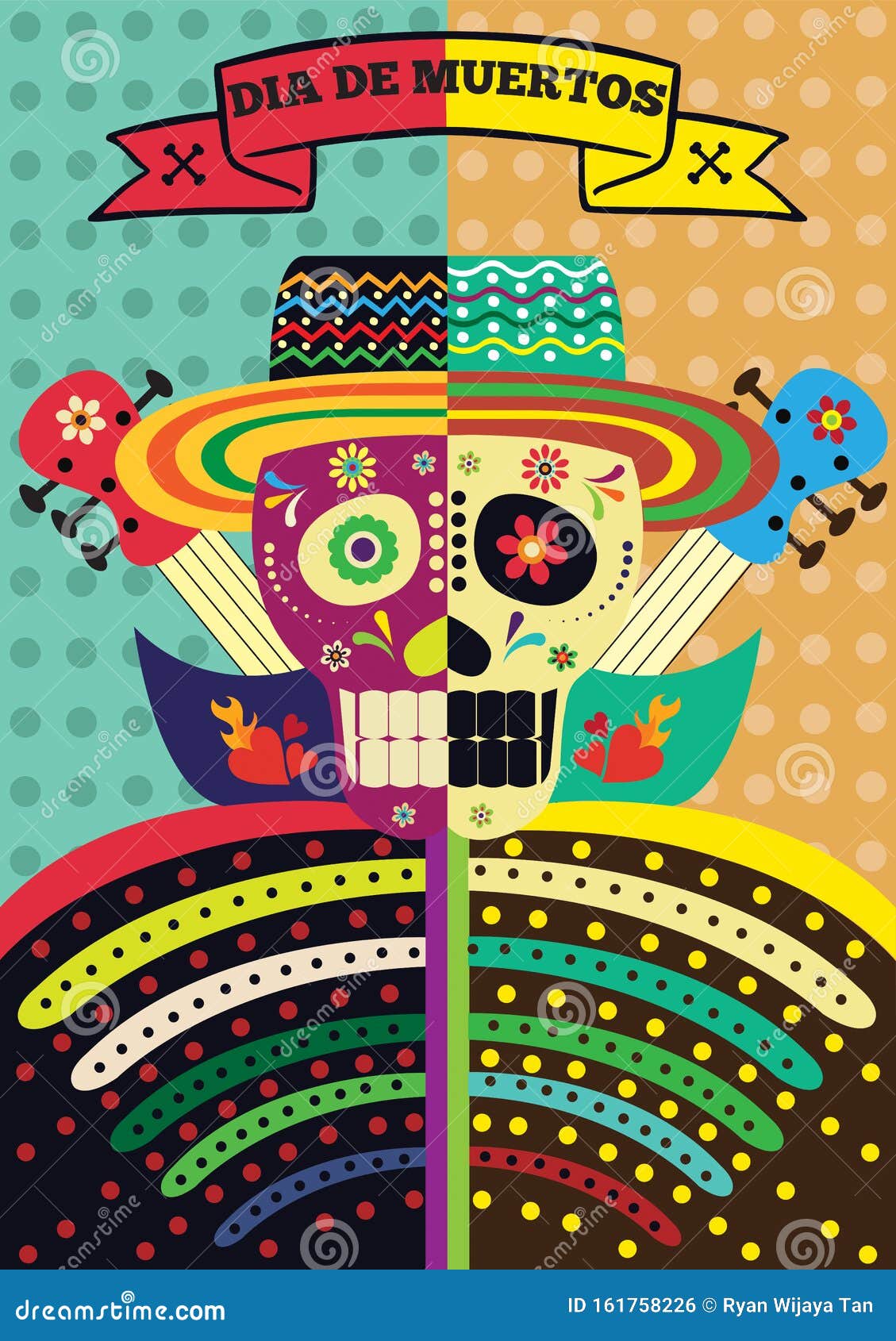 Skull. Vector Illustration Of Human Skull With Black Hat And Two Uzi ...