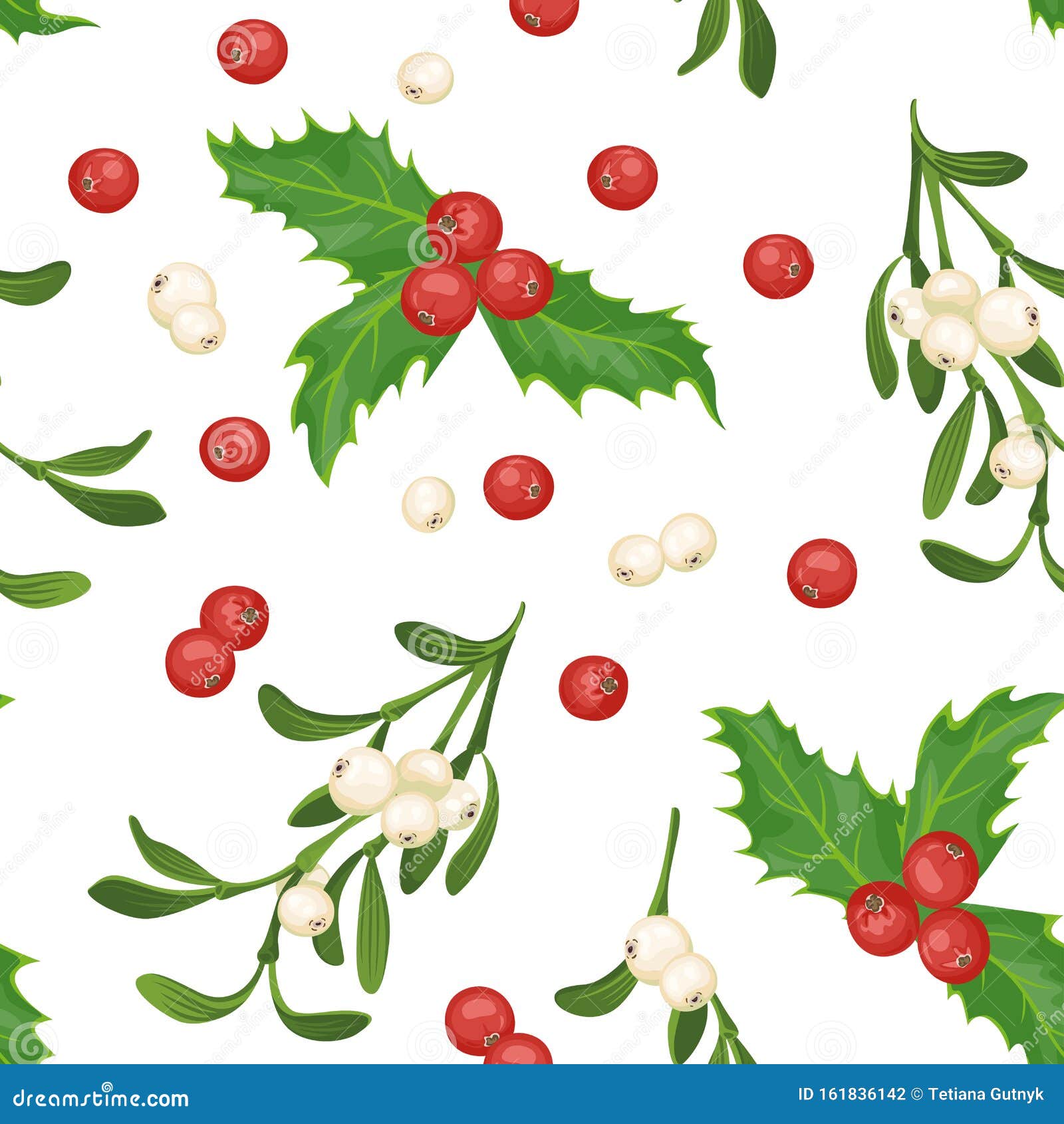 Christmas Seamless Pattern. Red Holly Berries, Green Leaves and ...