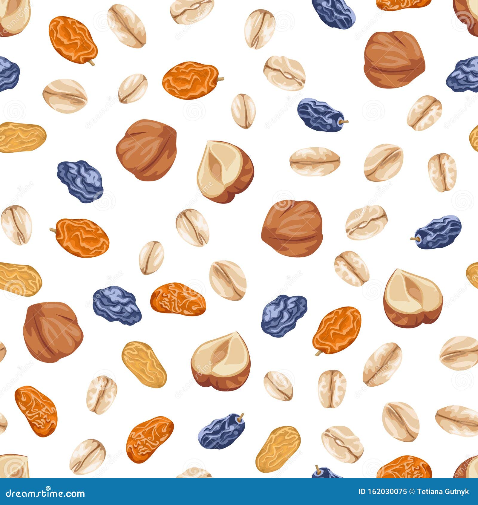 Muesli Seamless Pattern. Hazelnuts, Raisins and Oatmeal Isolated on a ...