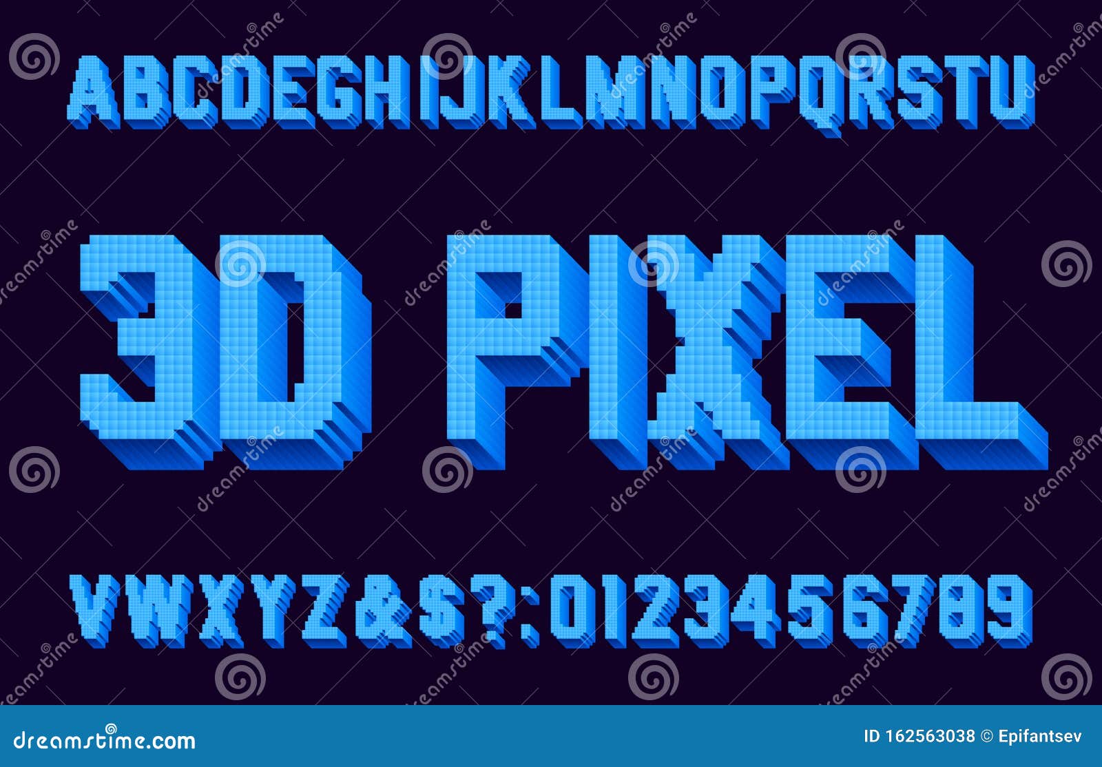 3D Pixel Alphabet Font. Digital 3d Effect Letters and Numbers Stock ...