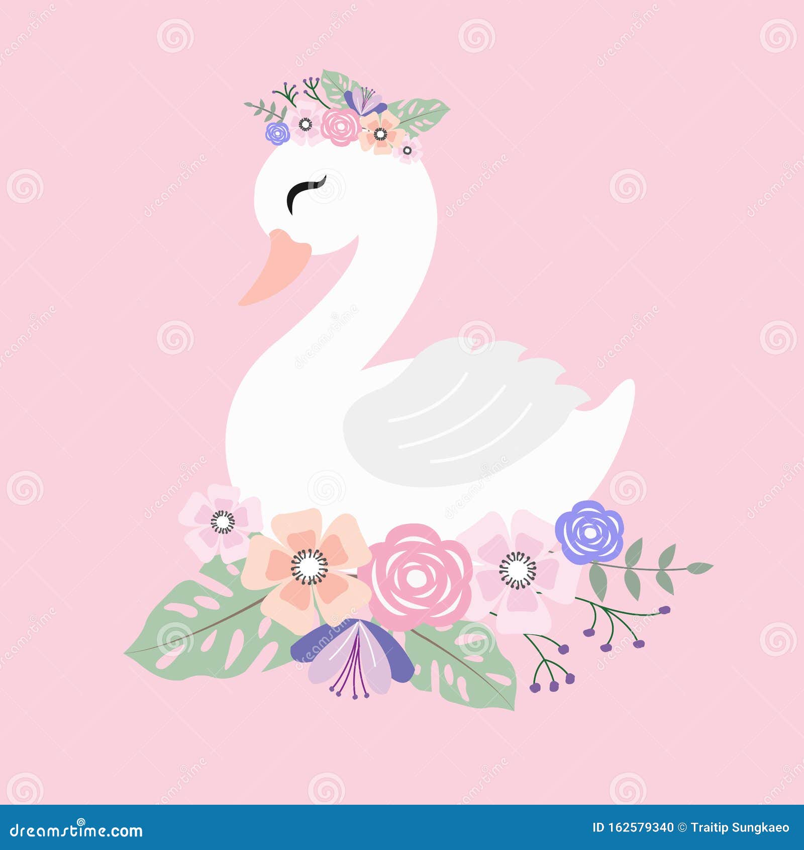 Beautiful Swan with Flower Crown on Pink Background. Stock Illustration ...