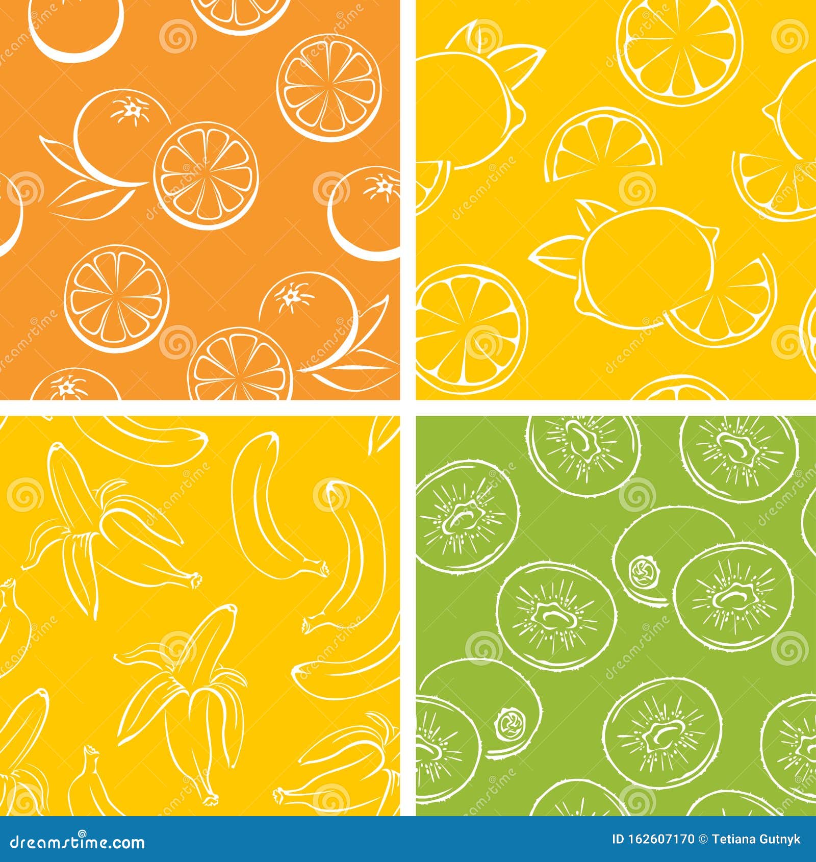 Set of Fruits Seamless Patterns. Orange, Lemon, Banana and Kiwi Stock ...