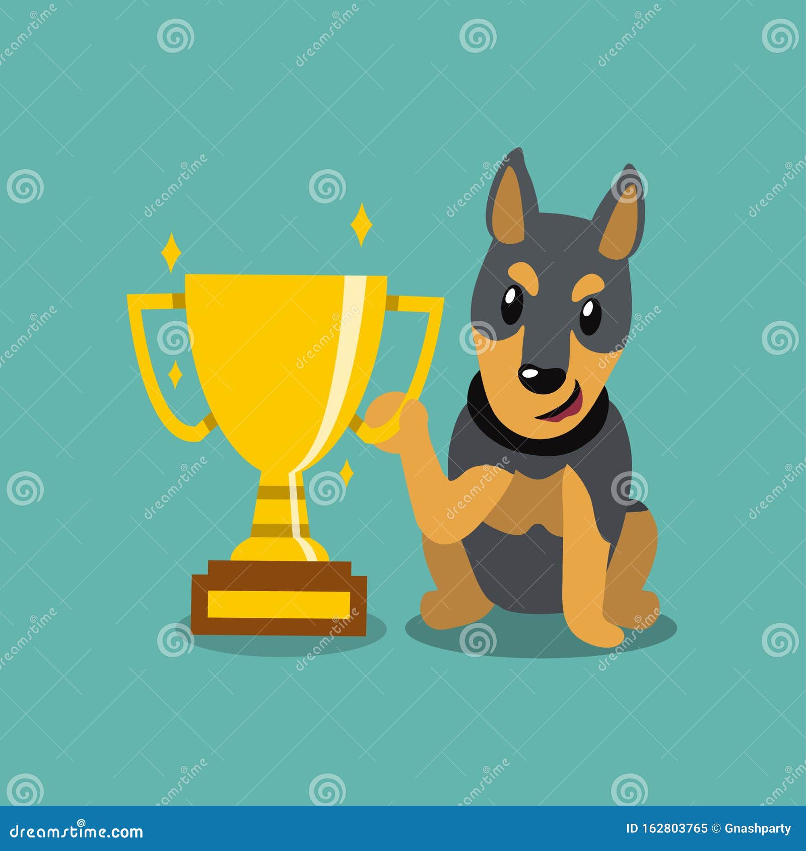 Vector Cartoon Character Doberman Dog Holding Gold Trophy Cup Award ...