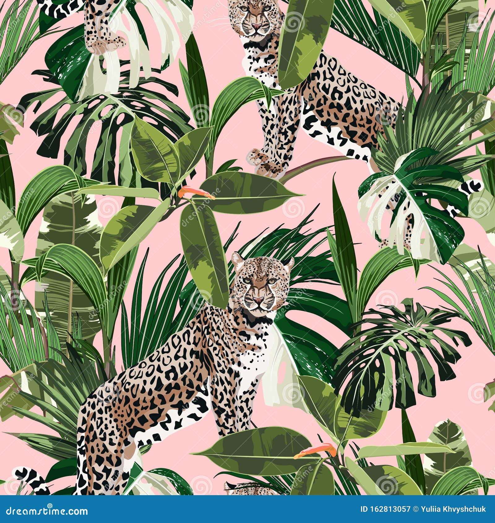 Colorful Floral Pattern with Tiger Leopard and Exotic Tropical Leaves ...